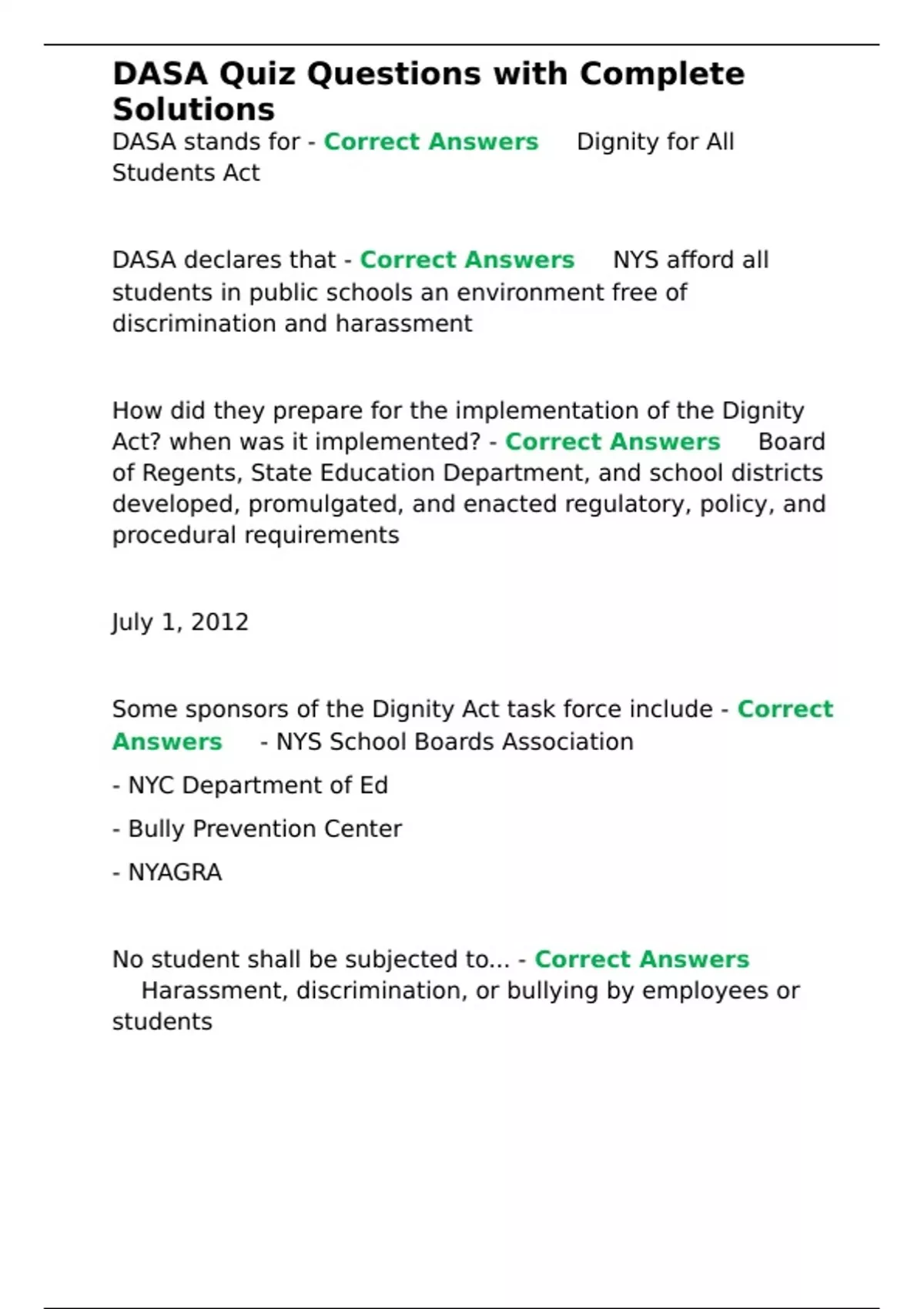 DASA Quiz Questions with Complete Solutions - DASA Qiz - Stuvia US