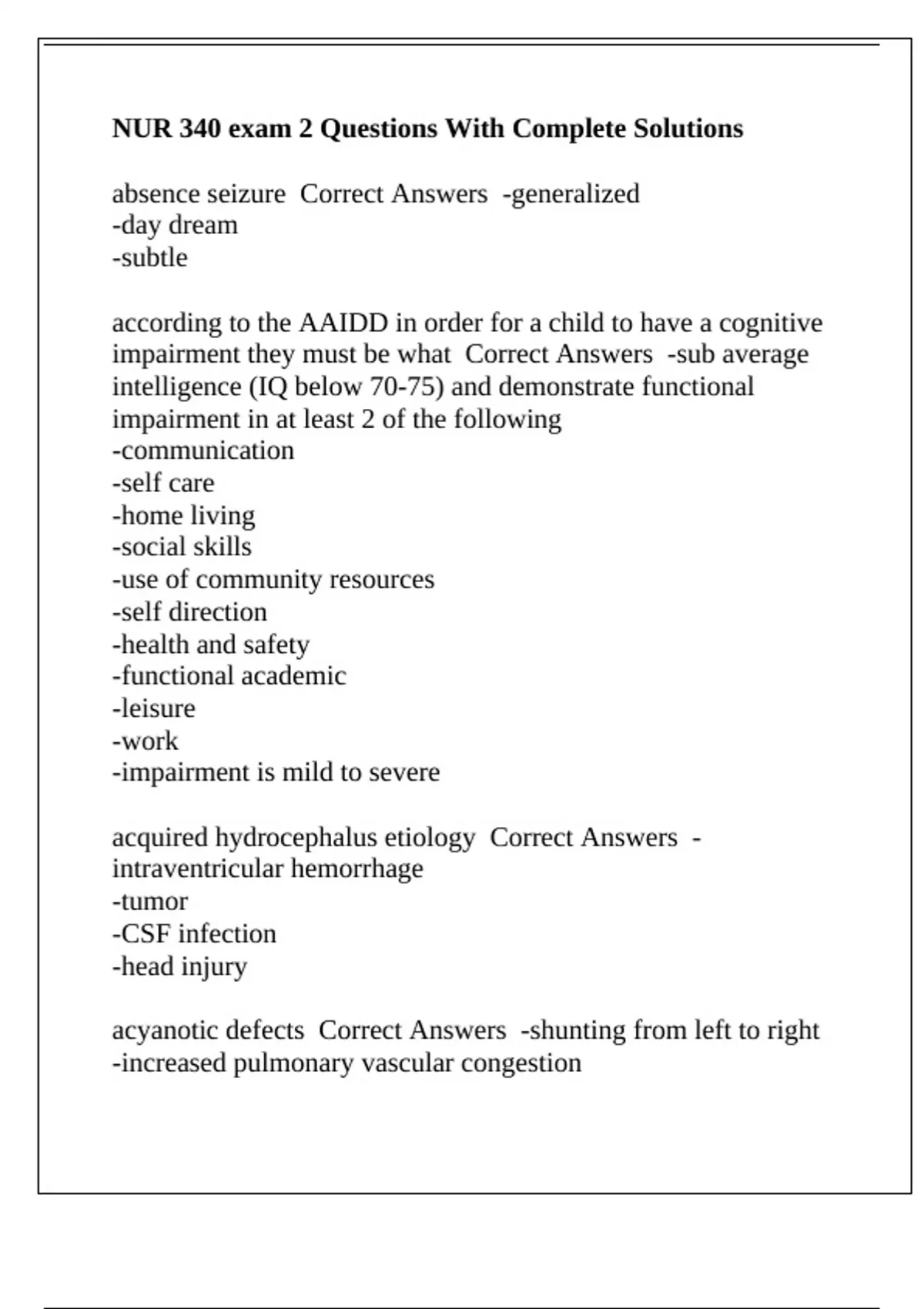 NUR 340 exam 2 Questions With Complete Solutions - NUR 340 - Stuvia UK