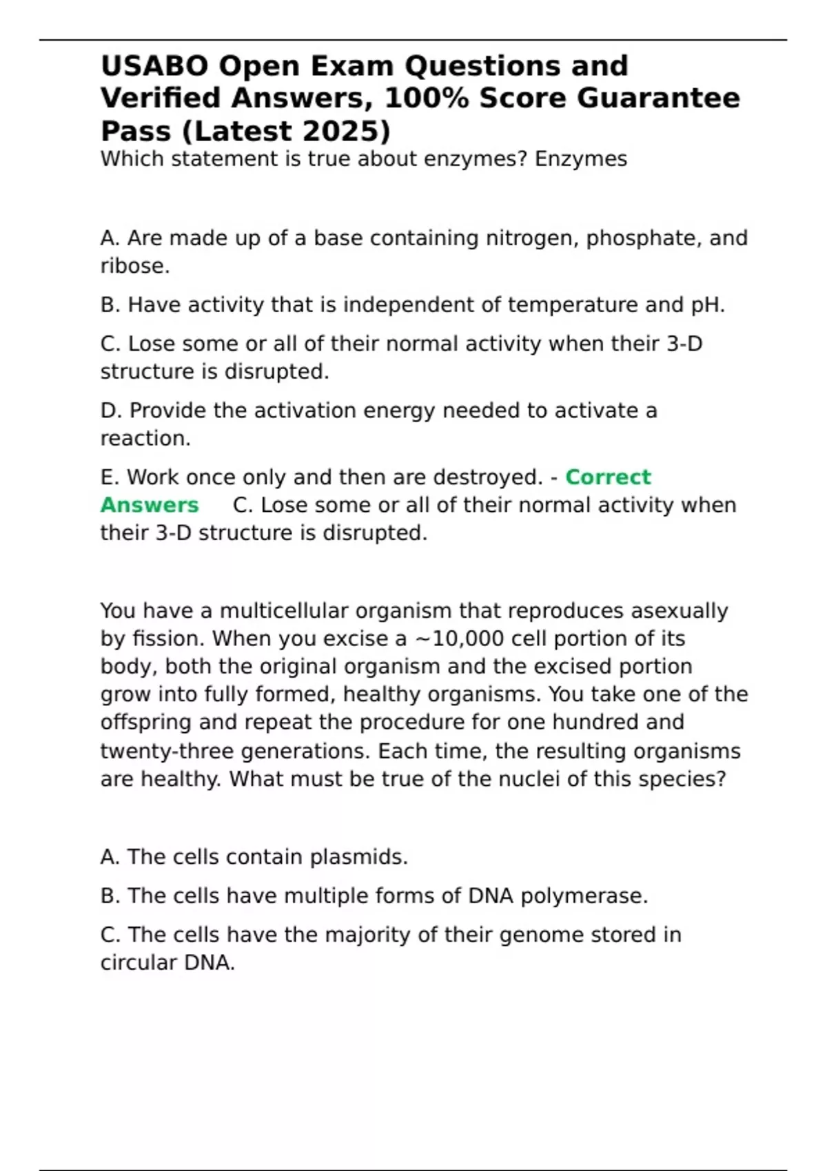 USABO Open Exam Questions and Verified Answers, 100- Score Guarantee ...