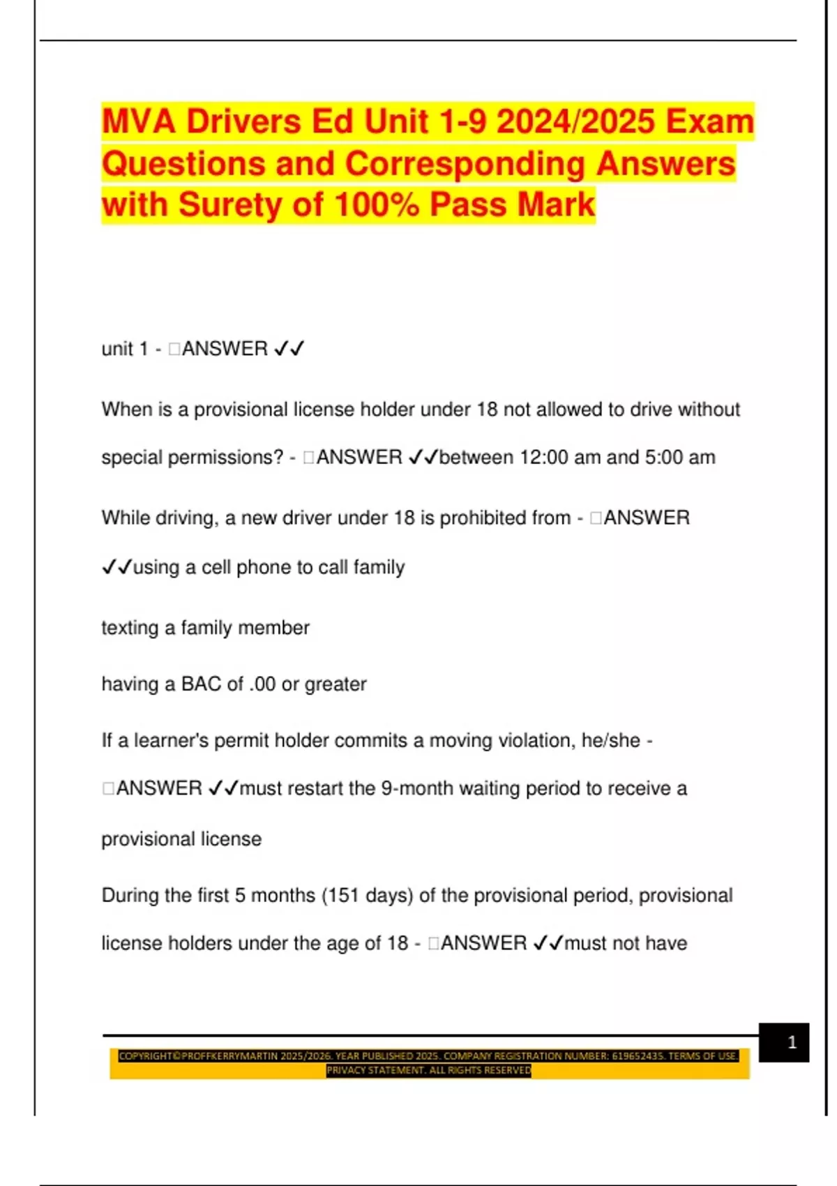 MVA Drivers Ed Unit 1-9 2024/2025 Exam Questions and Corresponding ...