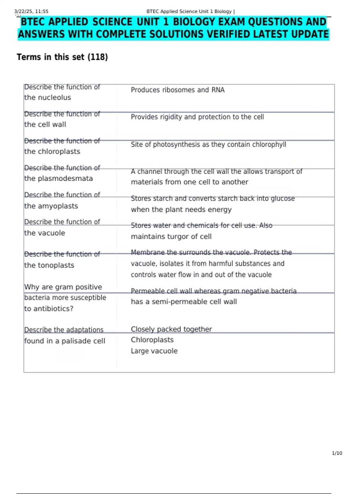Btec Applied Science Unit 1 Biology Exam Questions And Answers With Complete Solutions Verified
