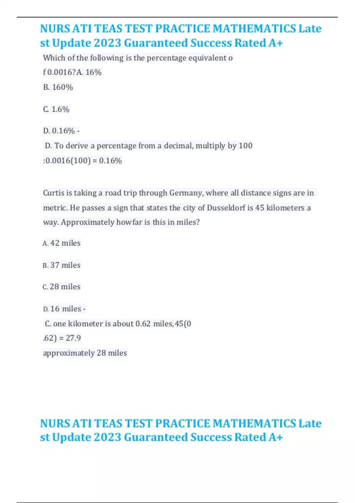 ATI TEAS TEST MATHEMATICS-with 100% verified solutions- - Math - Stuvia US
