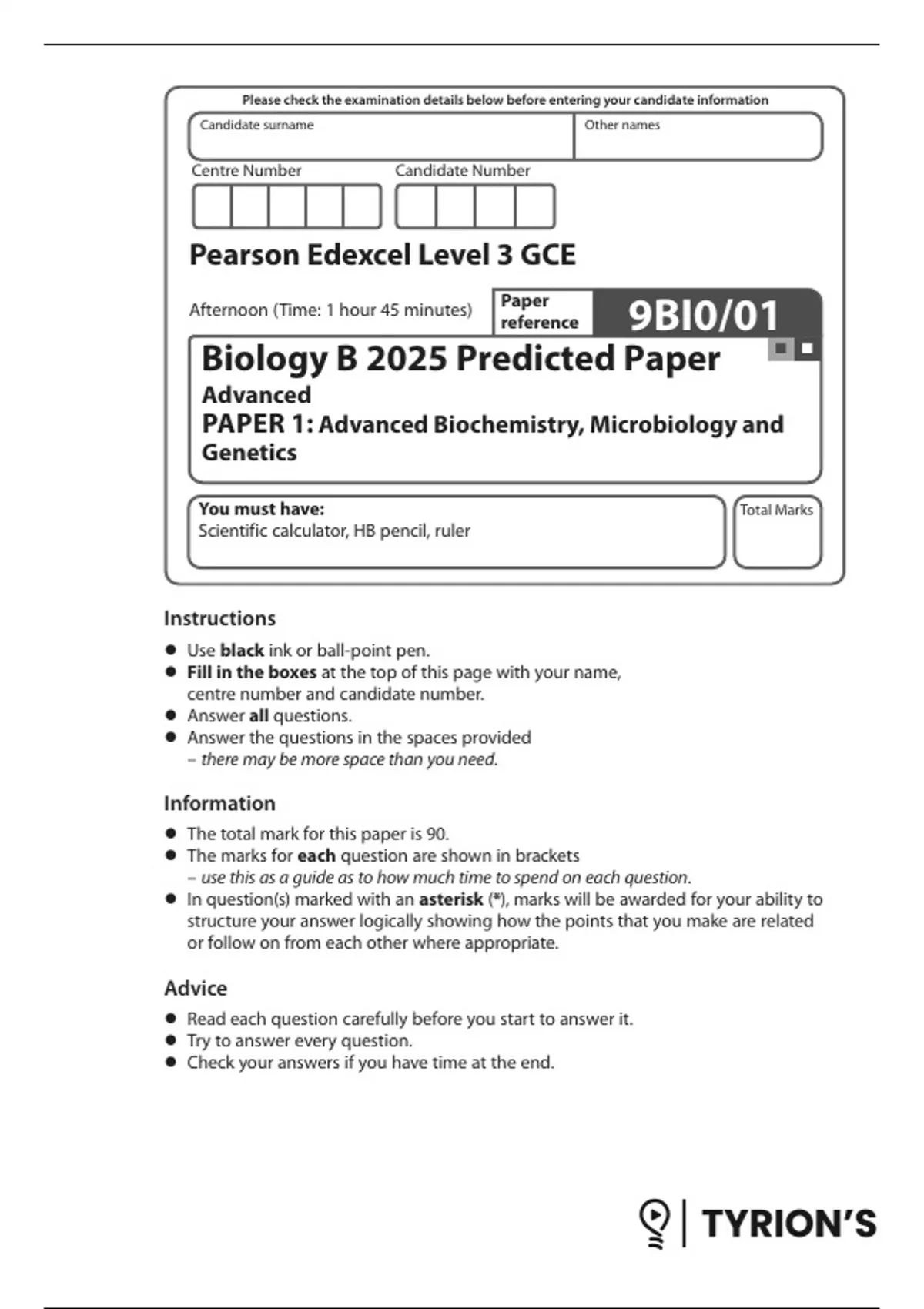 Edexcel AL Biology B Question Paper 1 2025 Predicted - 2025 - Stuvia UK