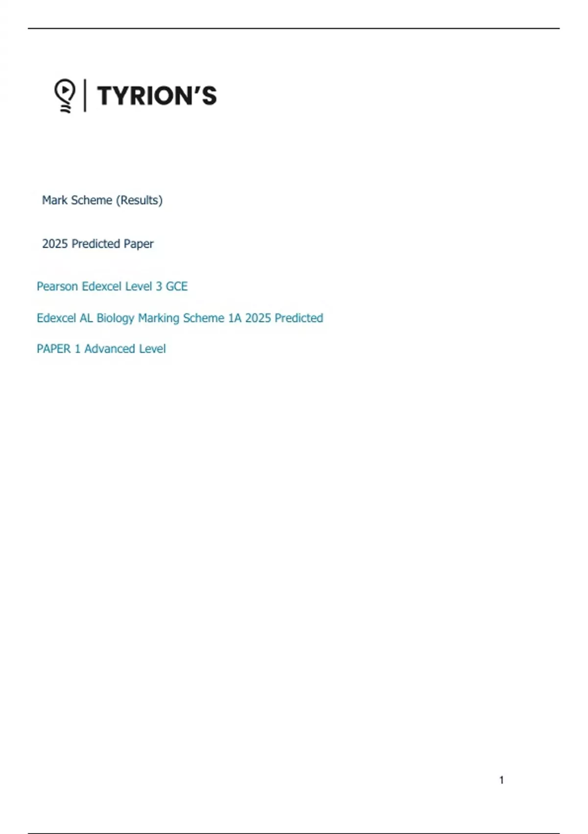 Edexcel AL Biology A Marking Scheme 1 2025 Predicted - 2025 - Stuvia UK