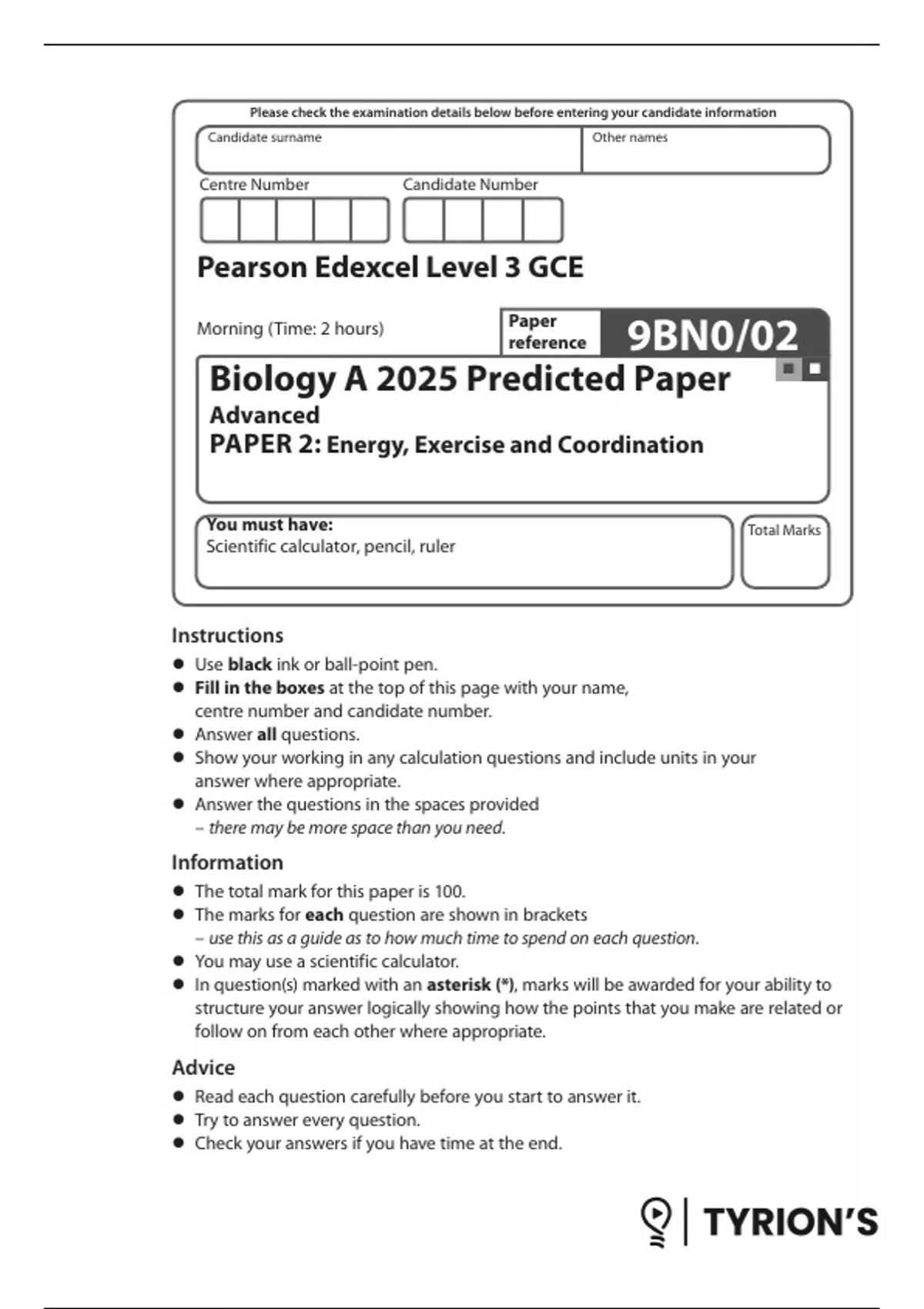 Edexcel AL Biology A Question Paper 2 2025 Predicted - 2025 - Stuvia UK