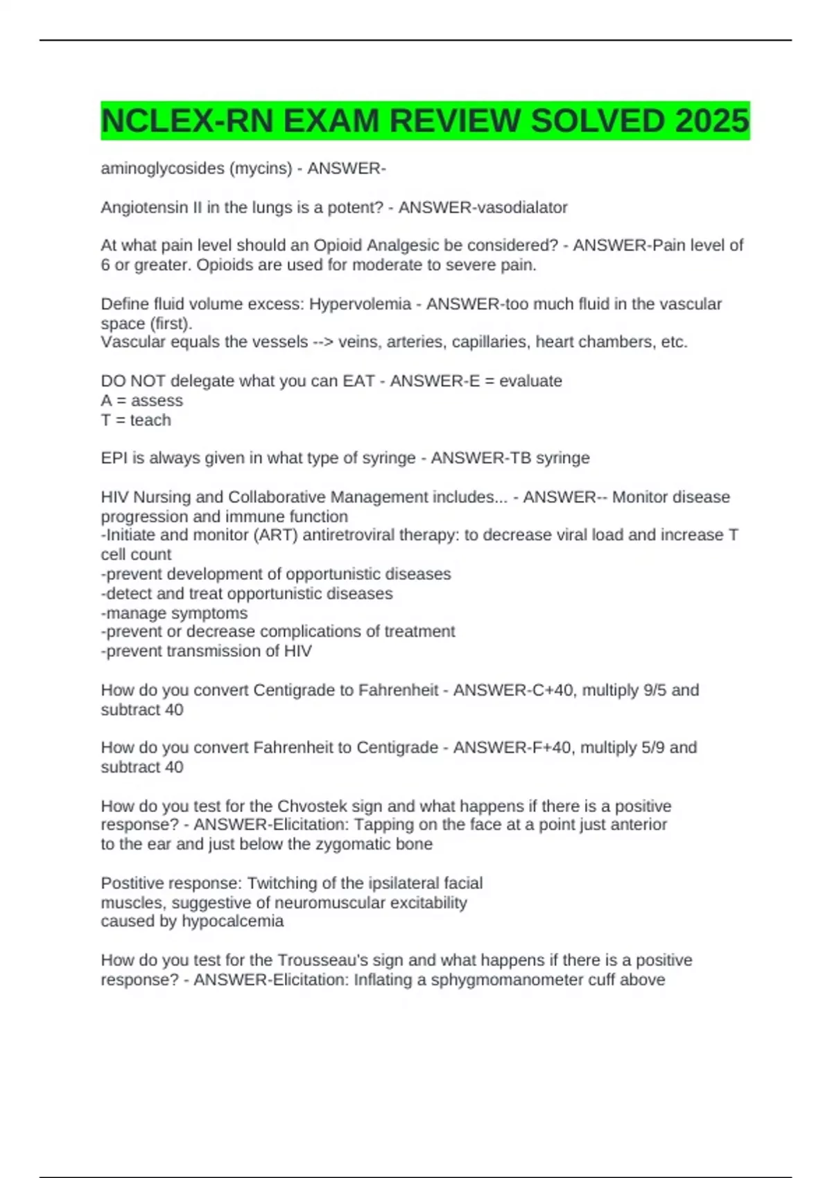 NCLEX-RN EXAM REVIEW SOLVED 2025 - NCLEX-RN - Stuvia US