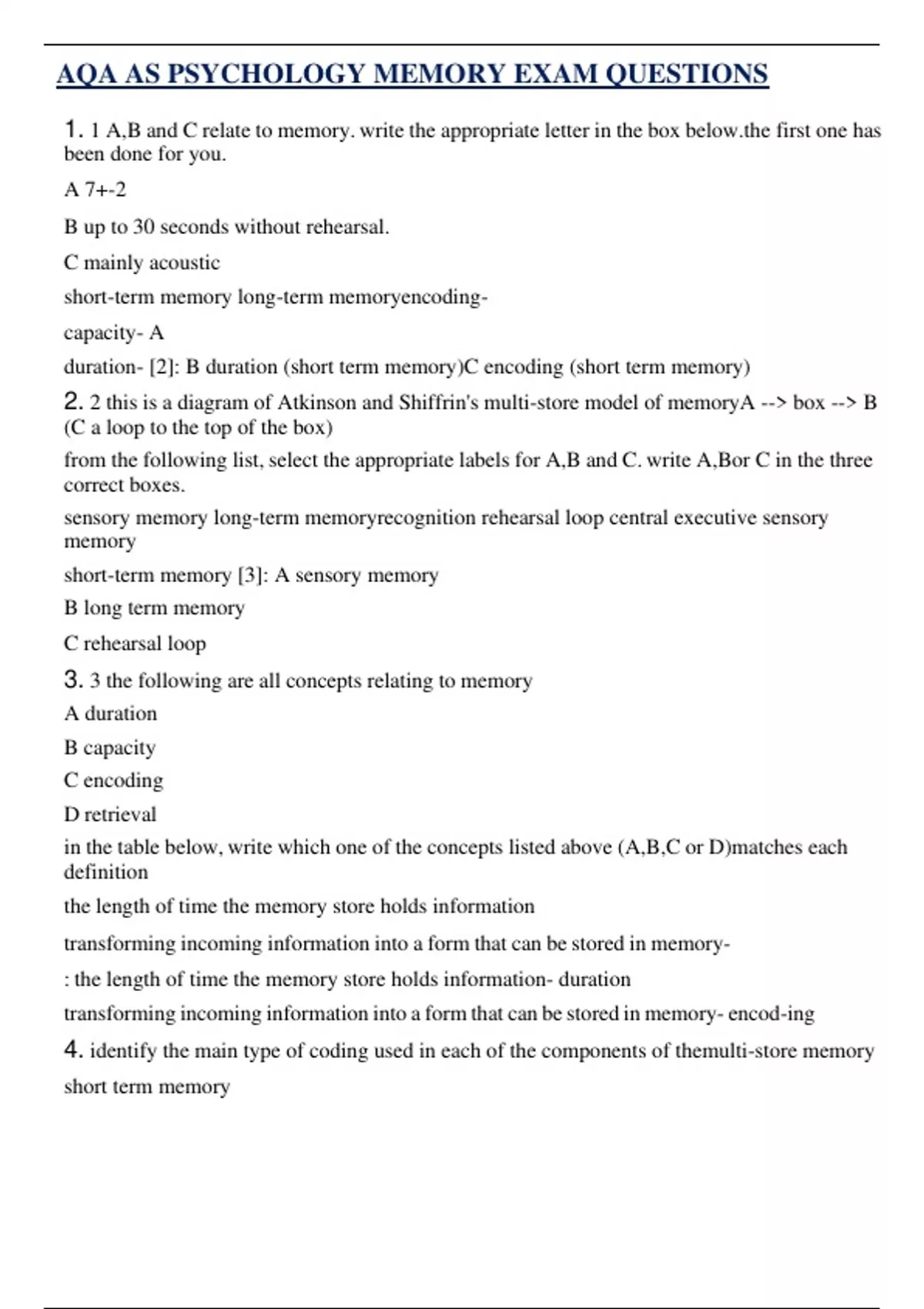 AQA AS PSYCHOLOGY MEMORY EXAM QUESTIONS (LATEST 2025) | QUESTIONS ...