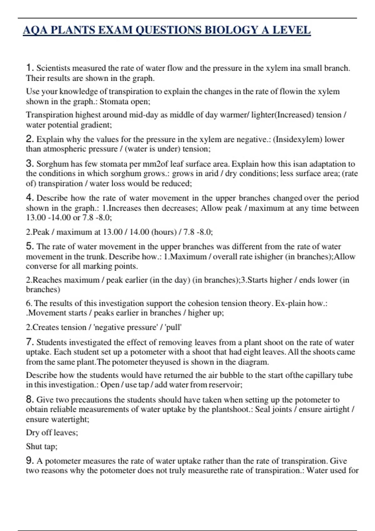AQA PLANTS EXAM QUESTIONS BIOLOGY A LEVEL (LATEST 2025) | QUESTIONS ...