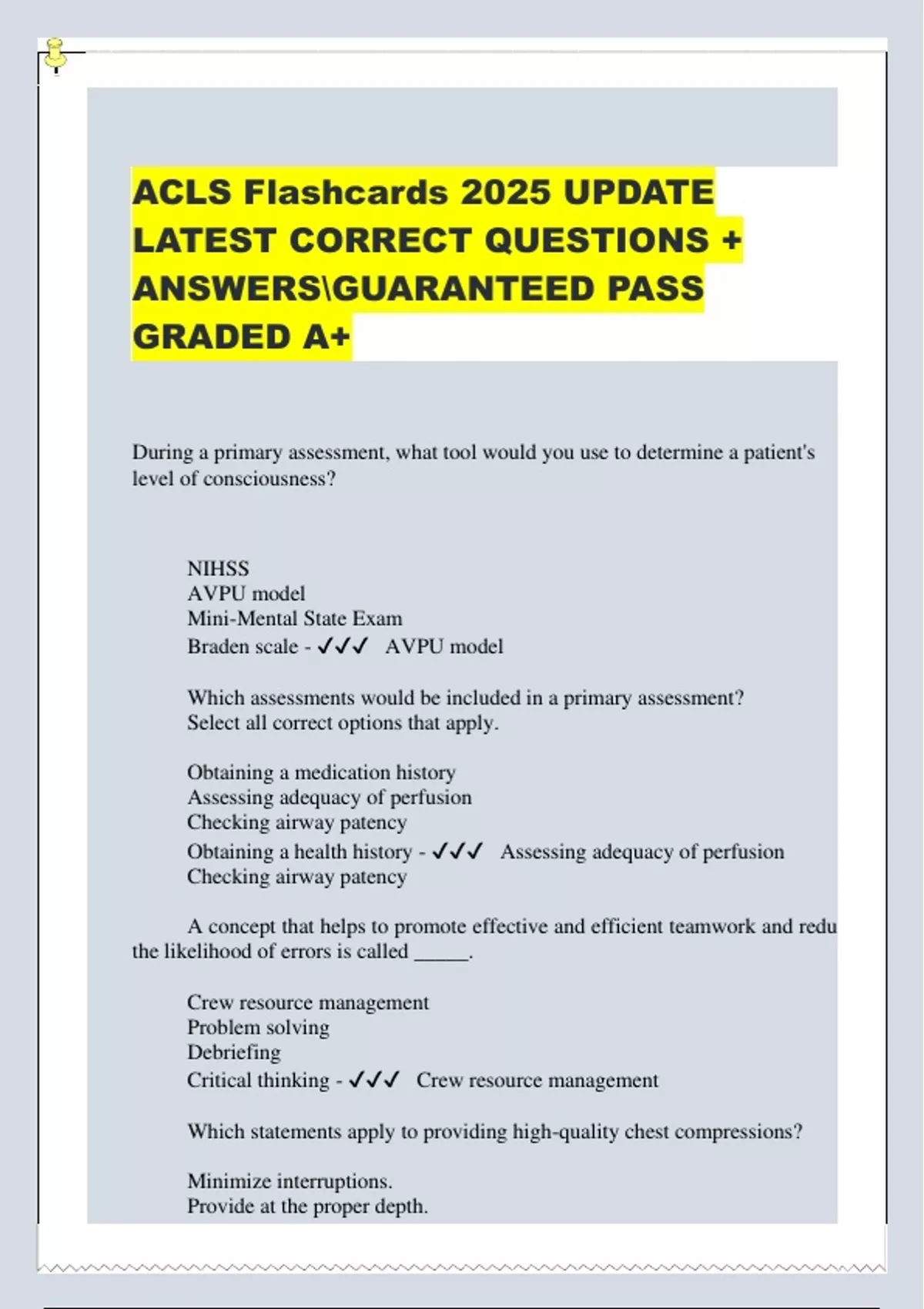 ACLS Flashcards 2025 UPDATE LATEST CORRECT QUESTIONS ...