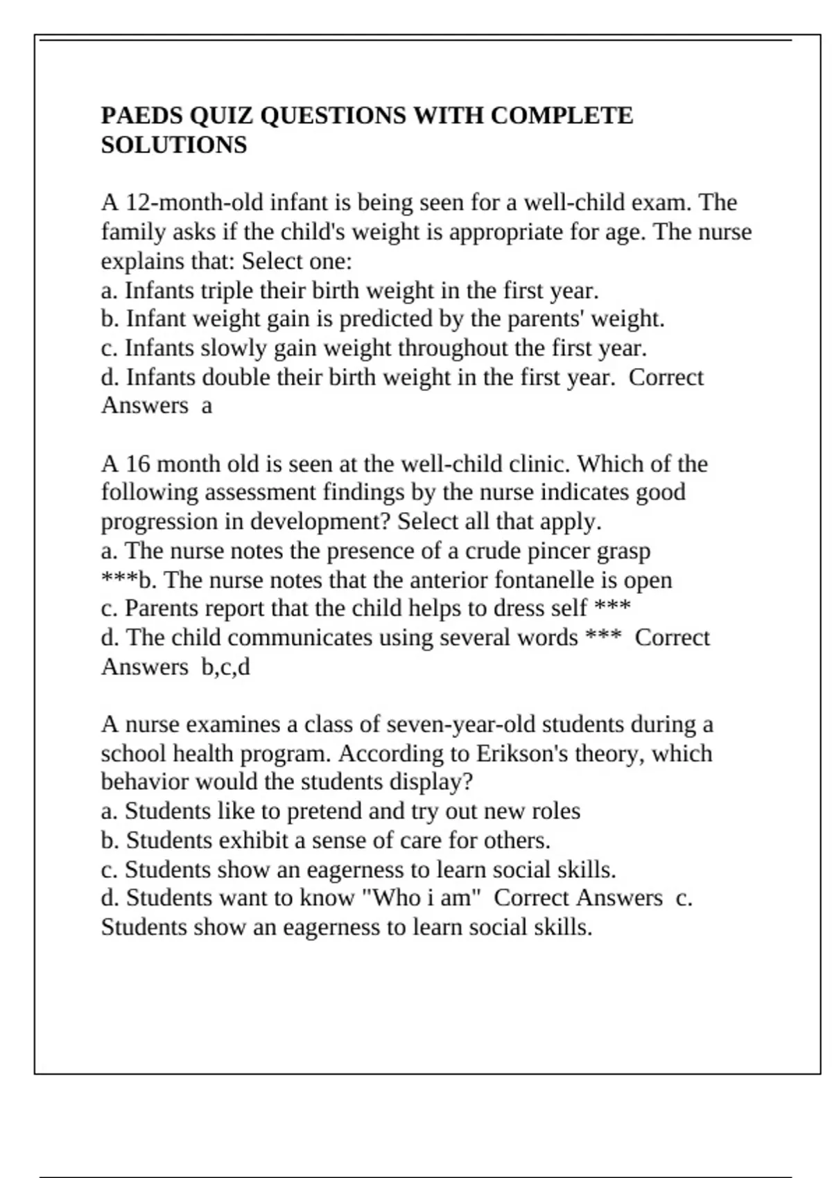 PAEDS QUIZ QUESTIONS WITH COMPLETE SOLUTIONS - PAEDS - Stuvia US