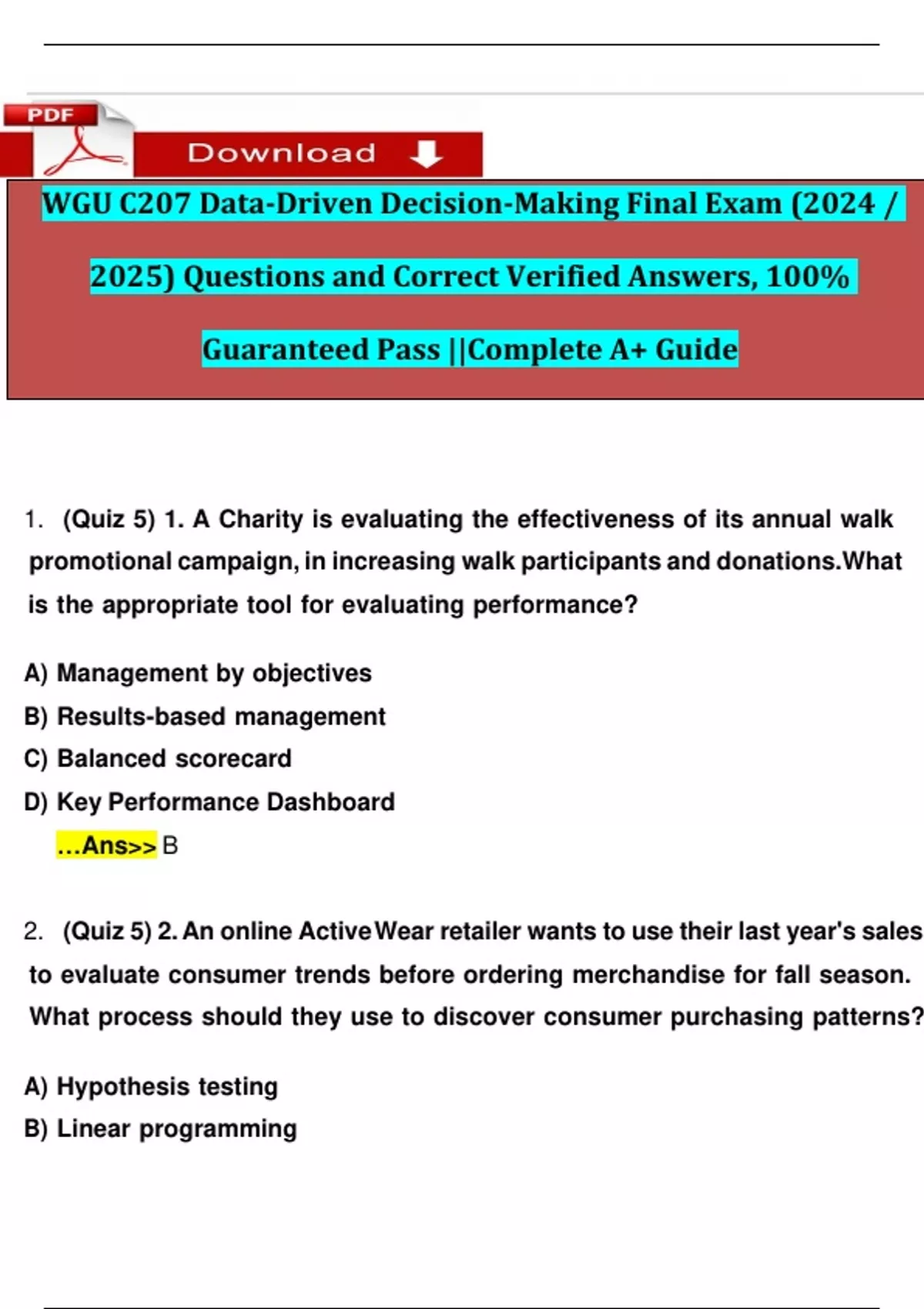 WGU C207 Data-Driven Decision-Making Final Exam (2025 / 2026) Questions ...