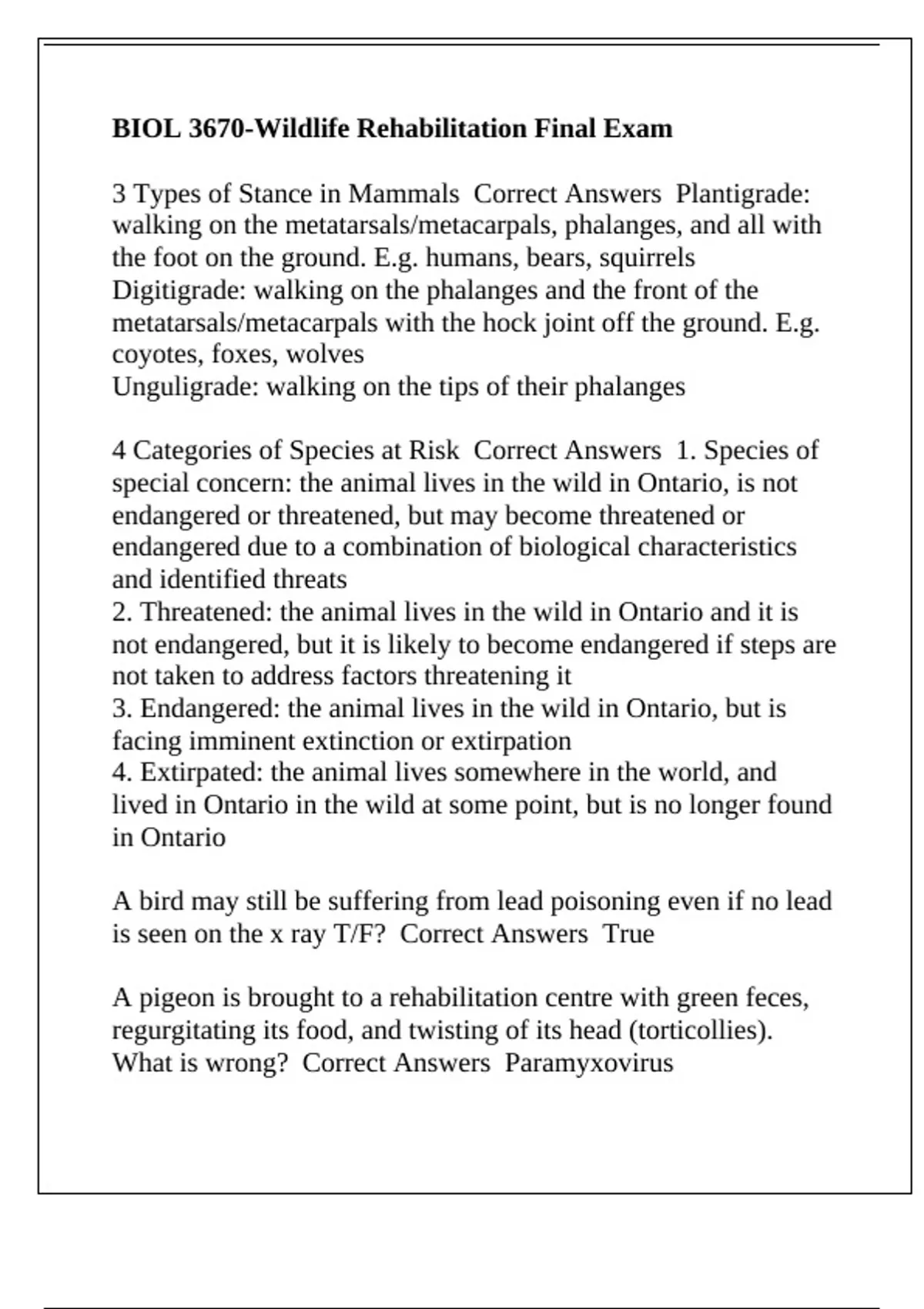 BIOL 3670-Wildlife Rehabilitation Final Exam - BIOL 3670 - Stuvia US