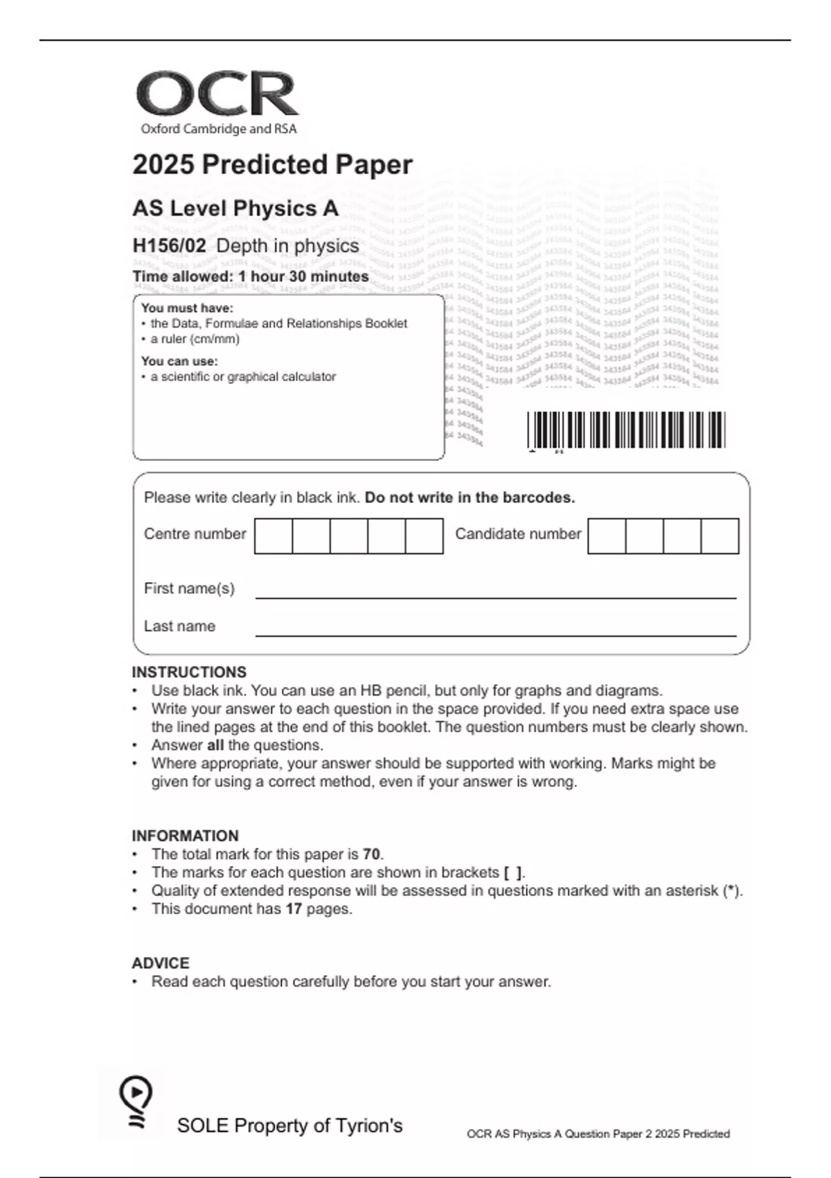 OCR AS Physics A Question Paper 2 2025 Predicted - 2025 - Stuvia UK
