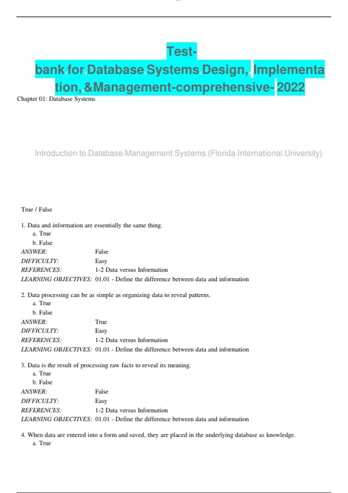 Test Bank - for Database Systems Design Implementation & Management ...
