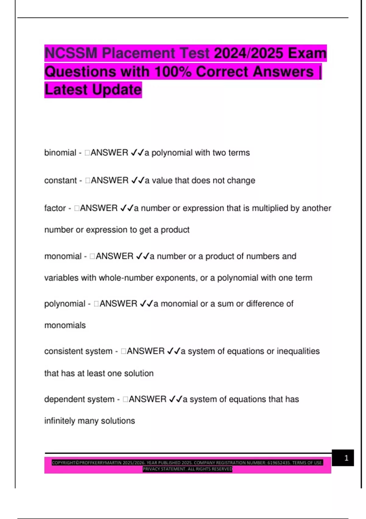 NCSSM Placement Test 2024/2025 Exam Questions with 100% Correct Answers ...