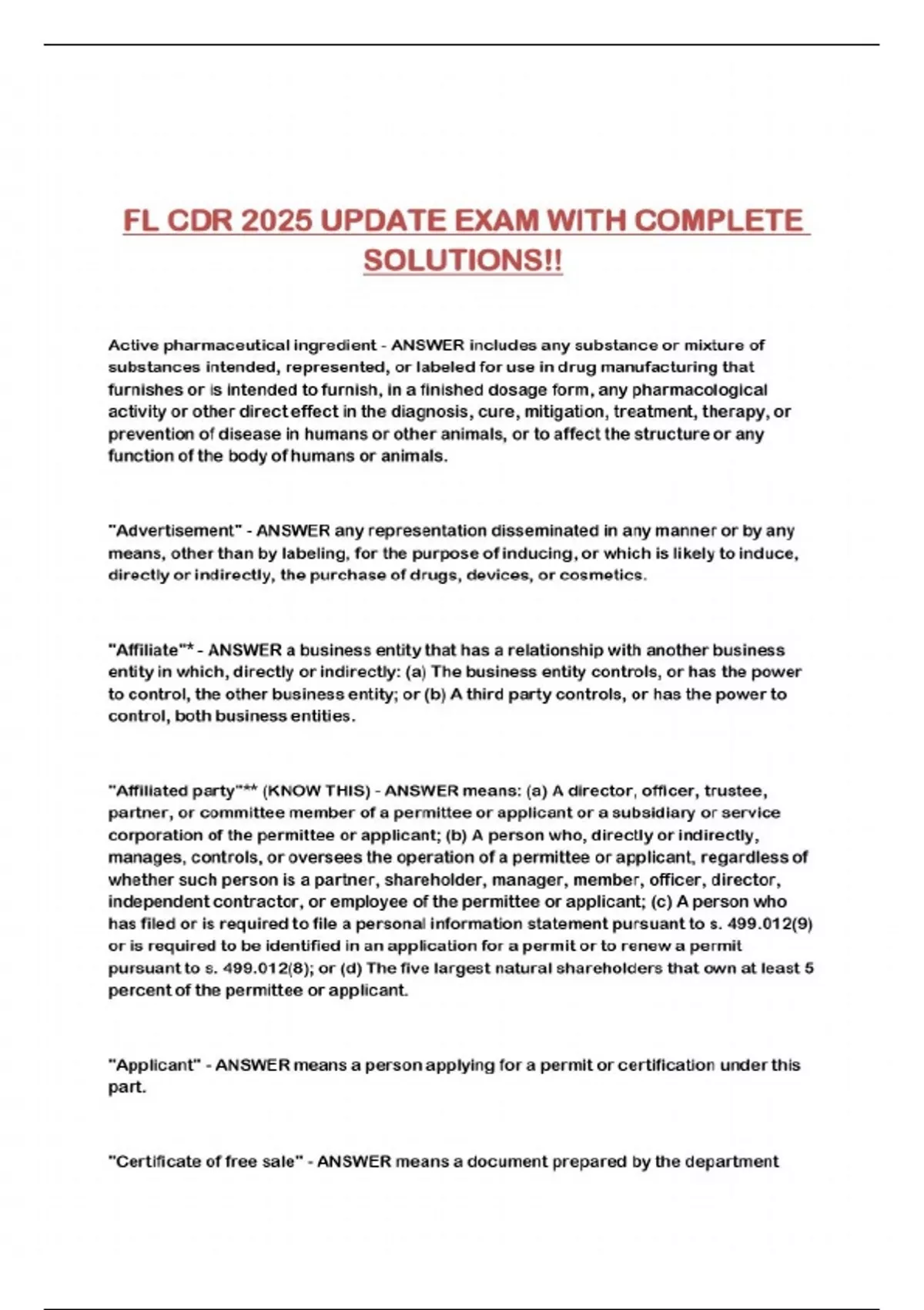 FL CDR 2025 UPDATE EXAM WITH COMPLETE SOLUTIONS!! - FL CDR 2025 - Stuvia US