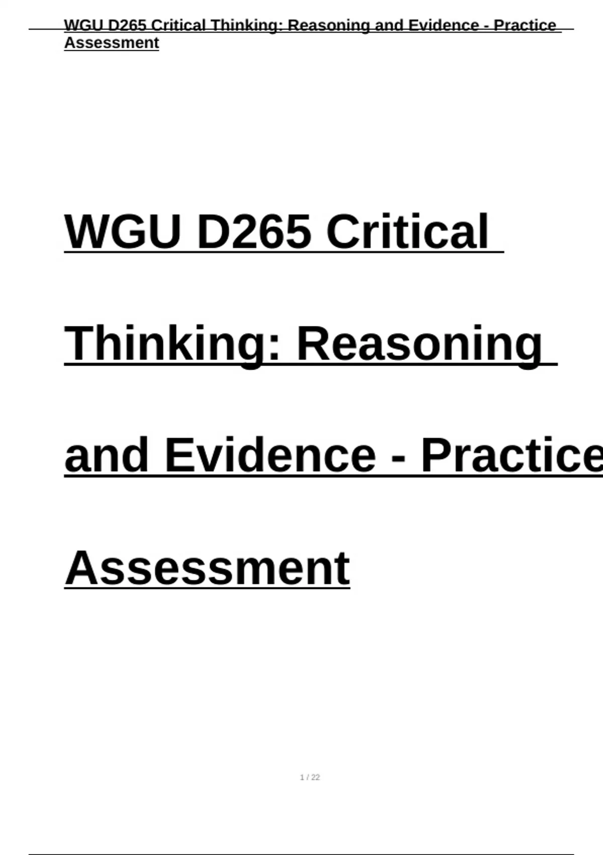 WGU D265 Critical Thinking: Reasoning and Evidence - Practice ...
