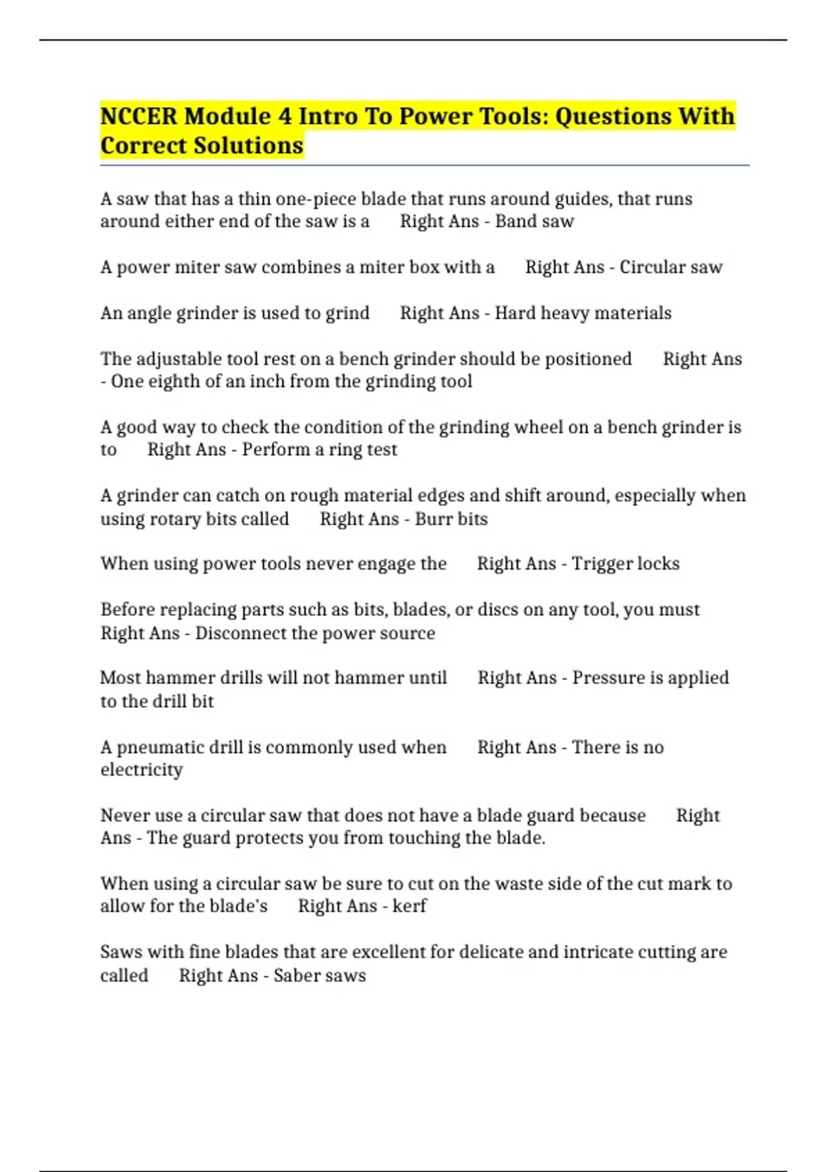 NCCER Module 4 Intro To Power Tools: Questions With Correct Solutions ...