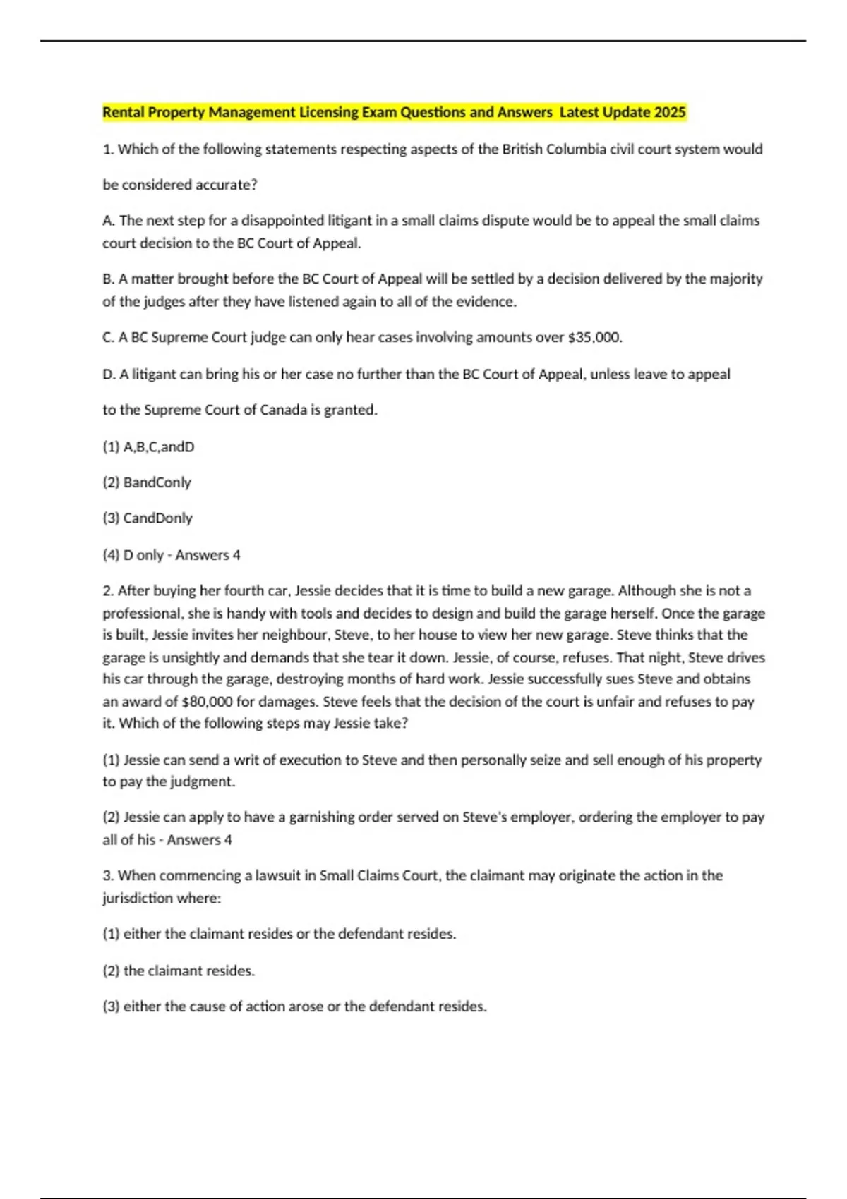 Rental Property Management Licensing Exam Questions and Answers Latest ...