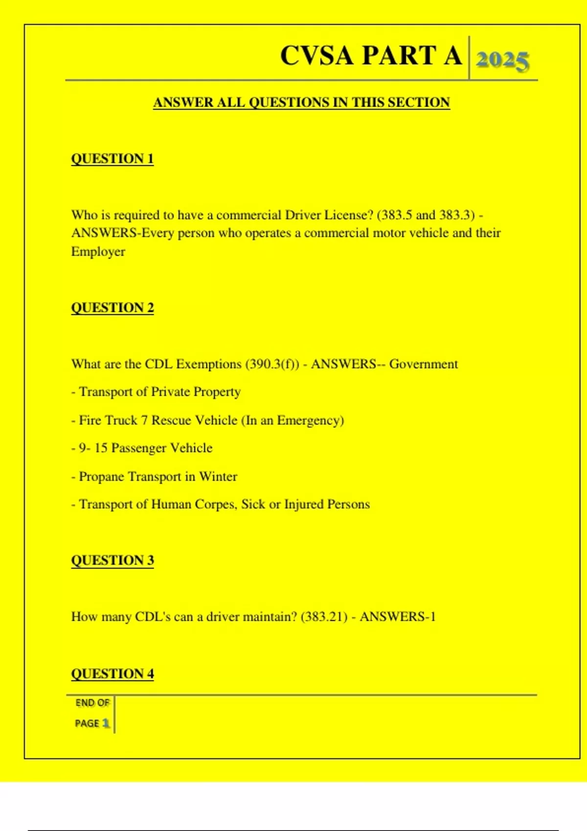 CVSA PART A QUESTIONS AND ANSWERS 2025 - CVSA PART A - Stuvia US