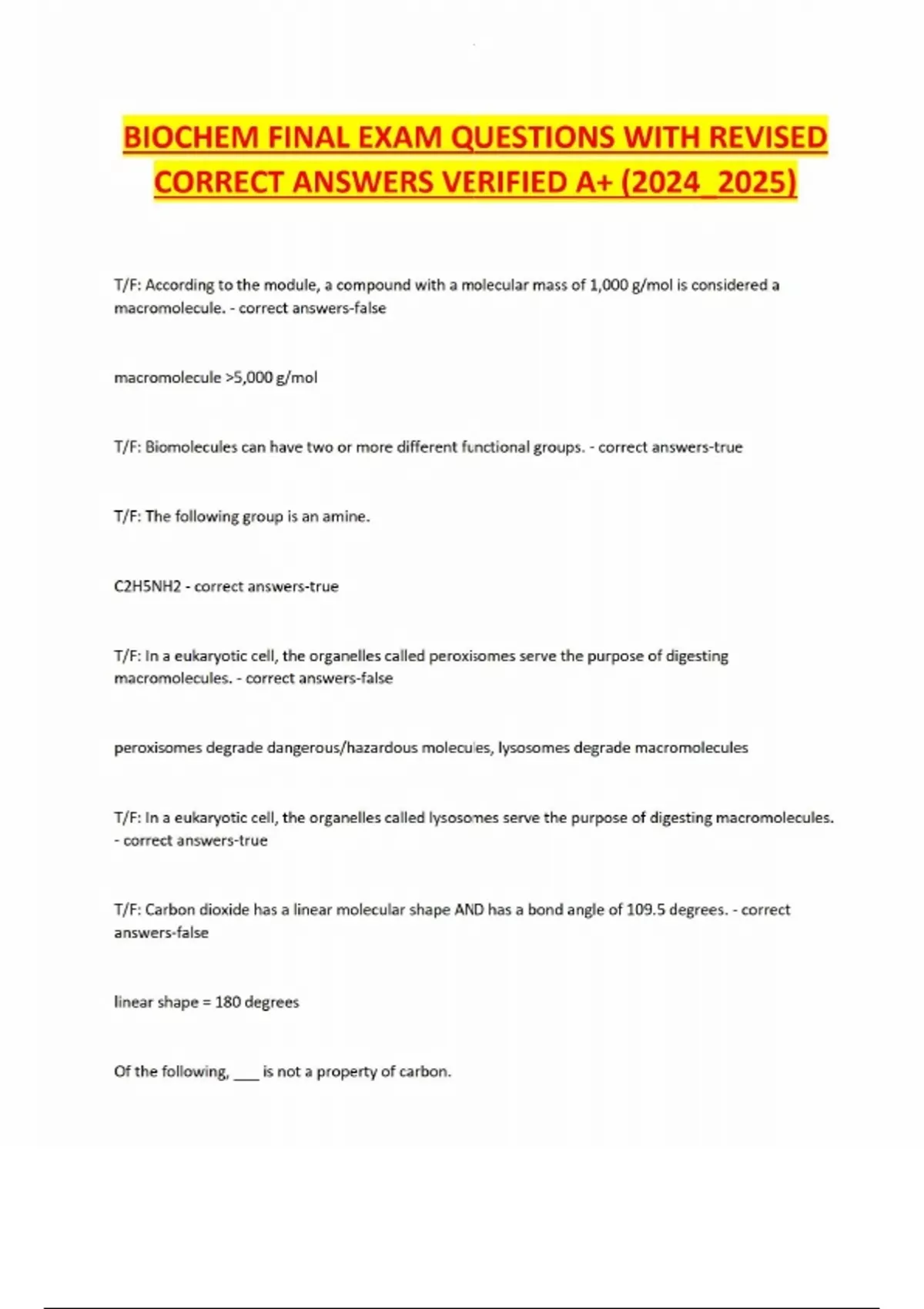 BIOCHEM FINAL EXAM QUESTIONS WITH REVISED CORRECT ANSWERS VERIFIED A+ ...