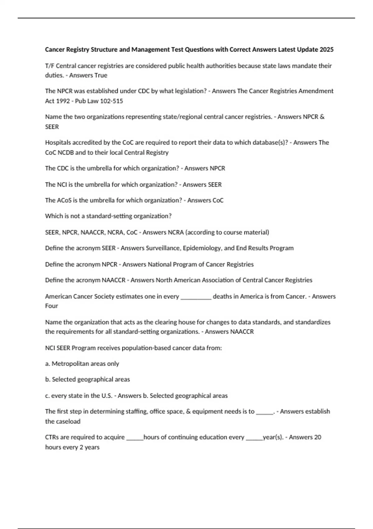 Cancer Registry Structure and Management Test Questions with Correct ...