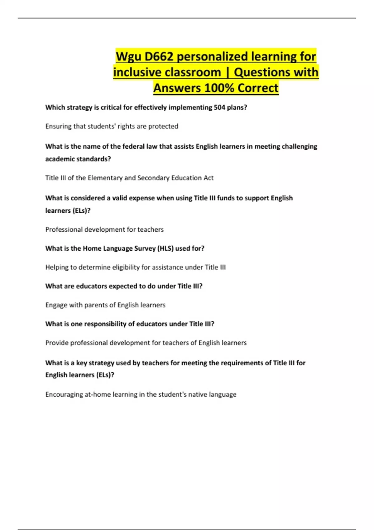 Wgu D662 personalized learning for inclusive classroom | Questions with ...
