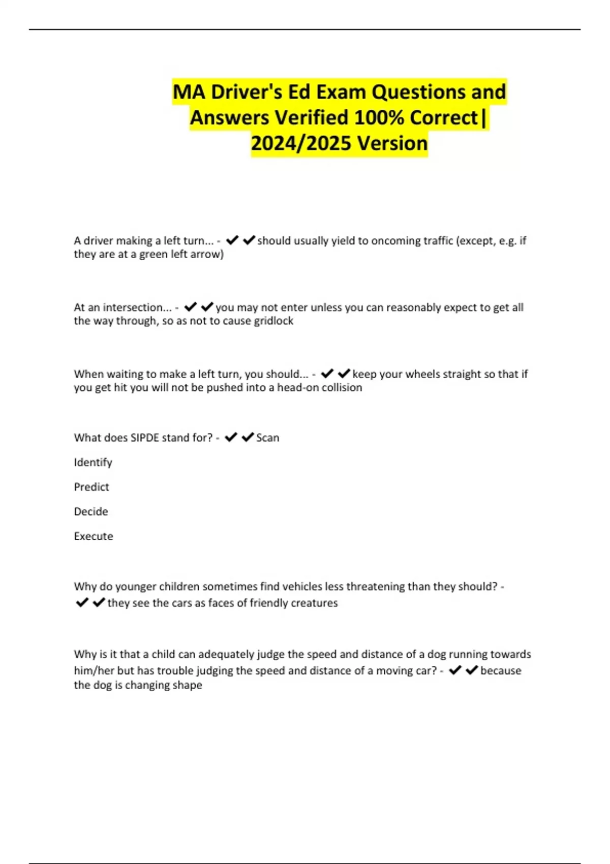 MA Driver's Ed Exam Questions and Answers Verified 100% Correct| 2024/ ...