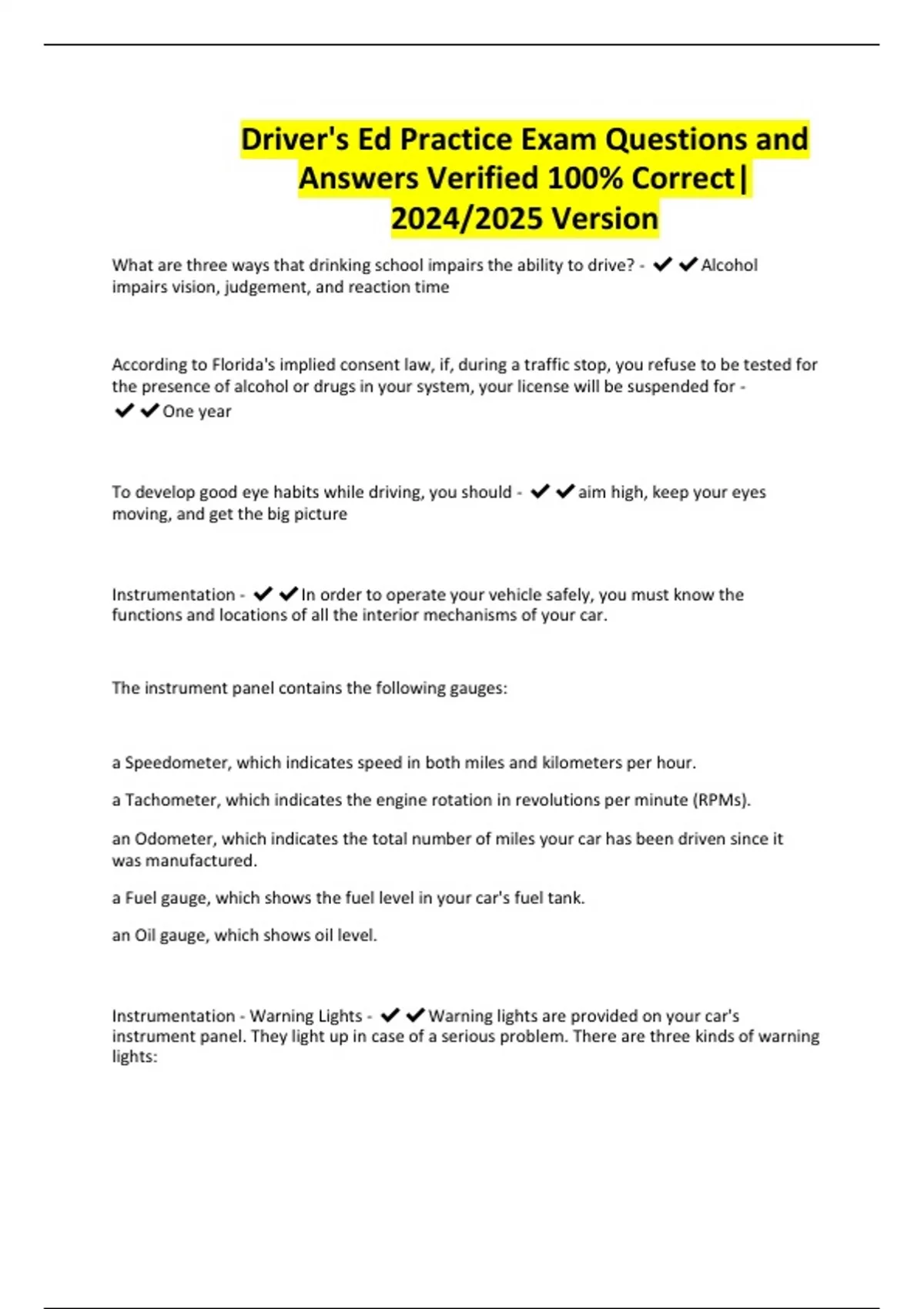 Drivers Ed Practice Exam Questions And Answers Verified 100 Correct 2024 2025 Version