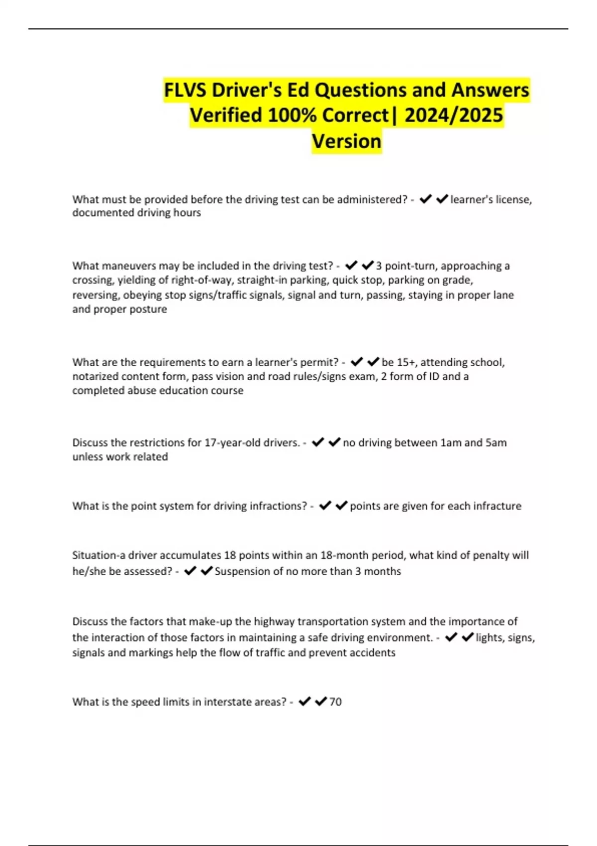 FLVS Driver's Ed Questions and Answers Verified 100% Correct| 2024/2025 ...