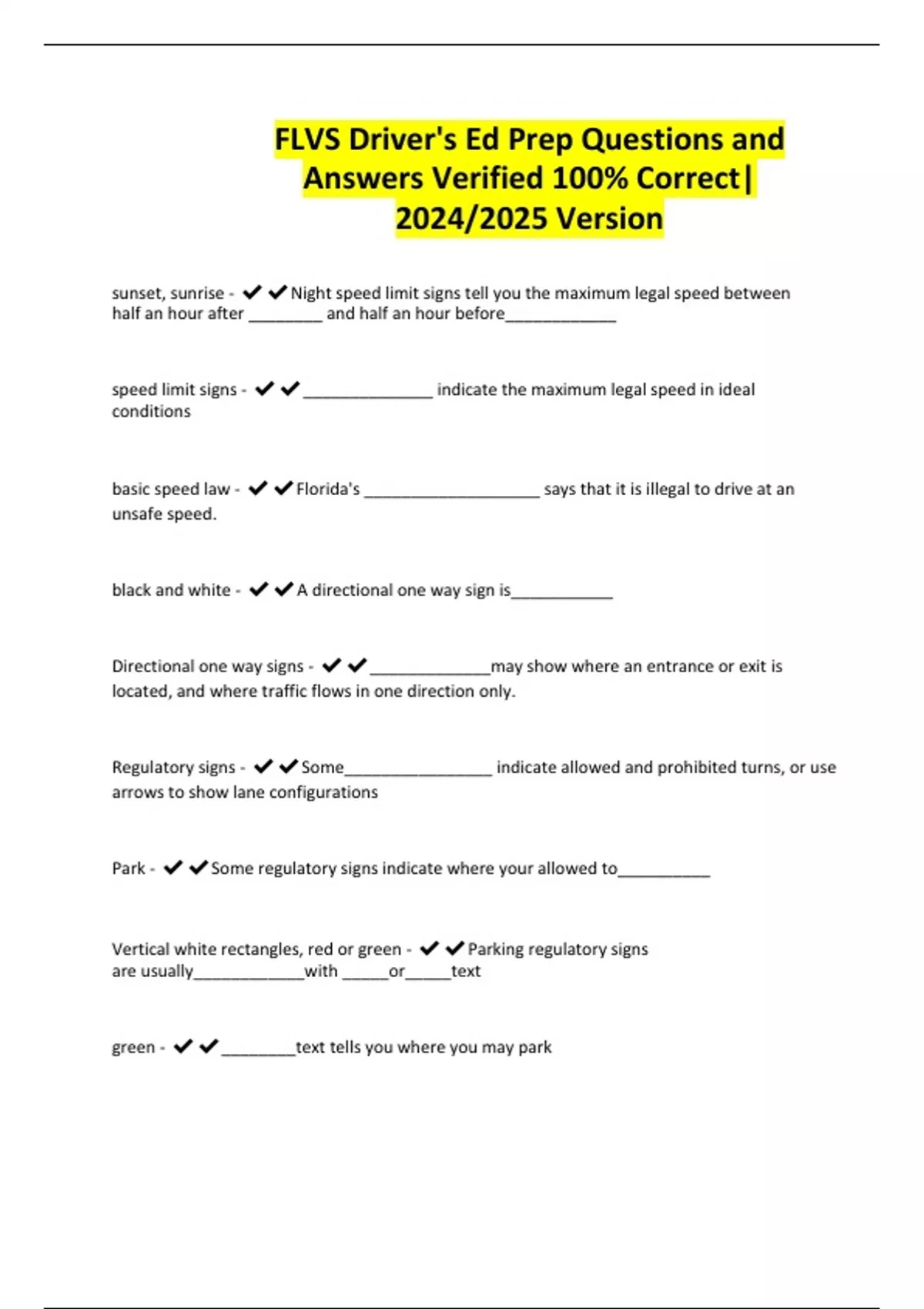 FLVS Driver's Ed Prep Questions and Answers Verified 100% Correct| 2024 ...