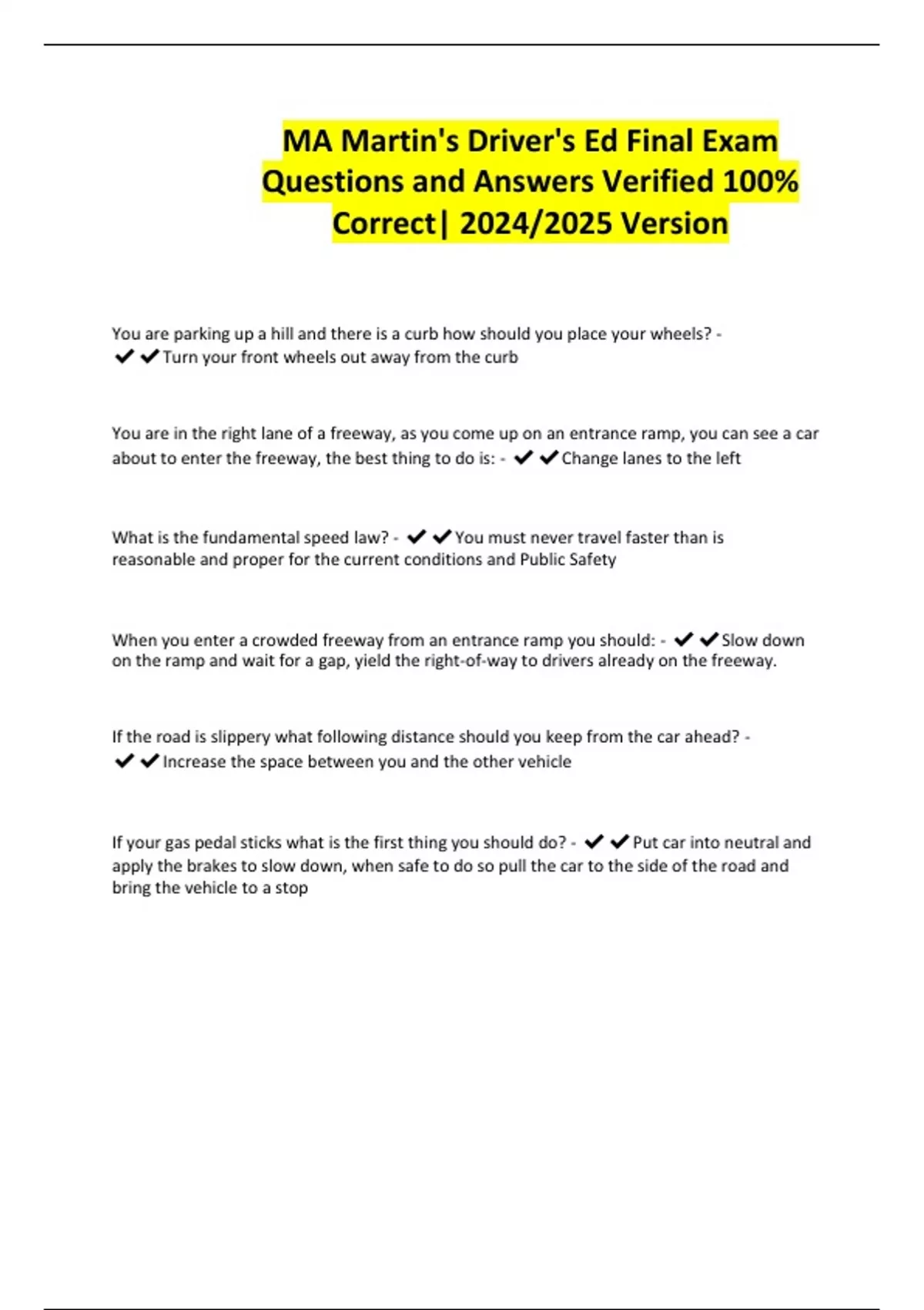 MA Martin's Driver's Ed Final Exam Questions and Answers Verified 100% ...