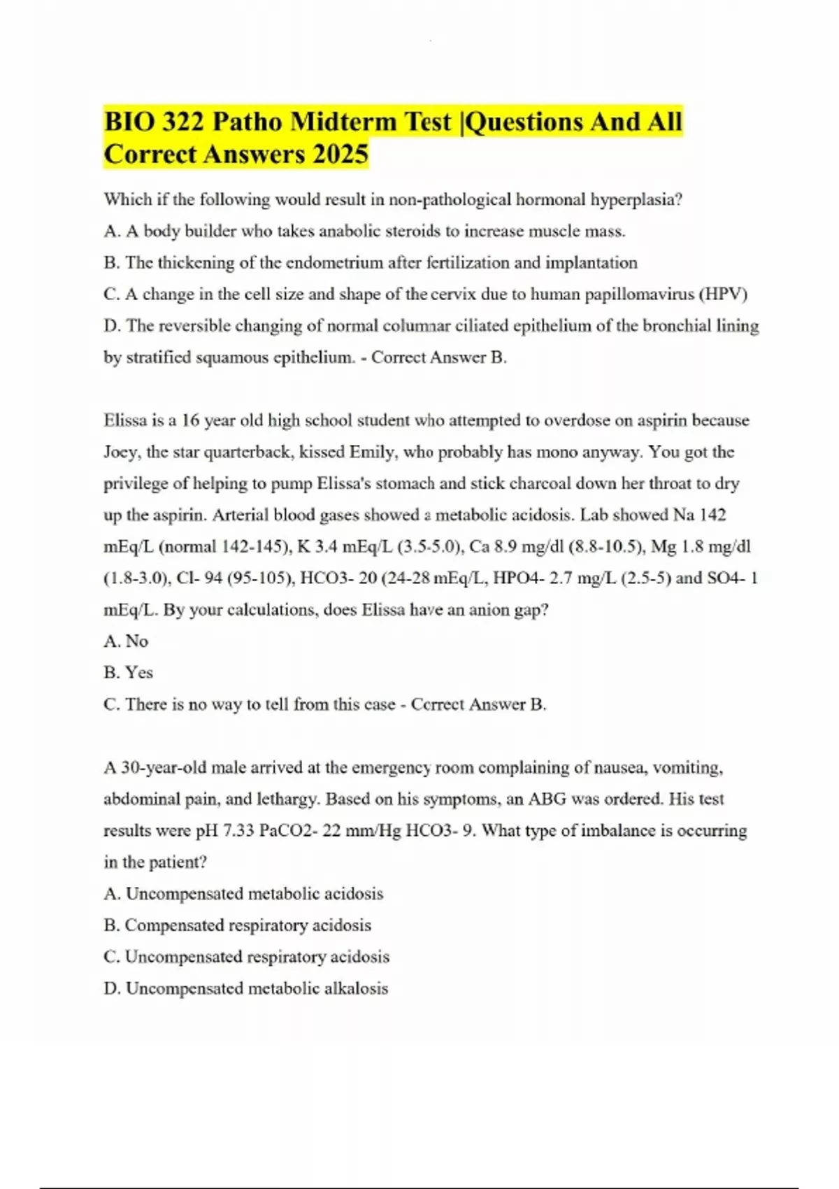 BIO 322 Patho Midterm Test |Questions And All Correct Answers 2025 ...