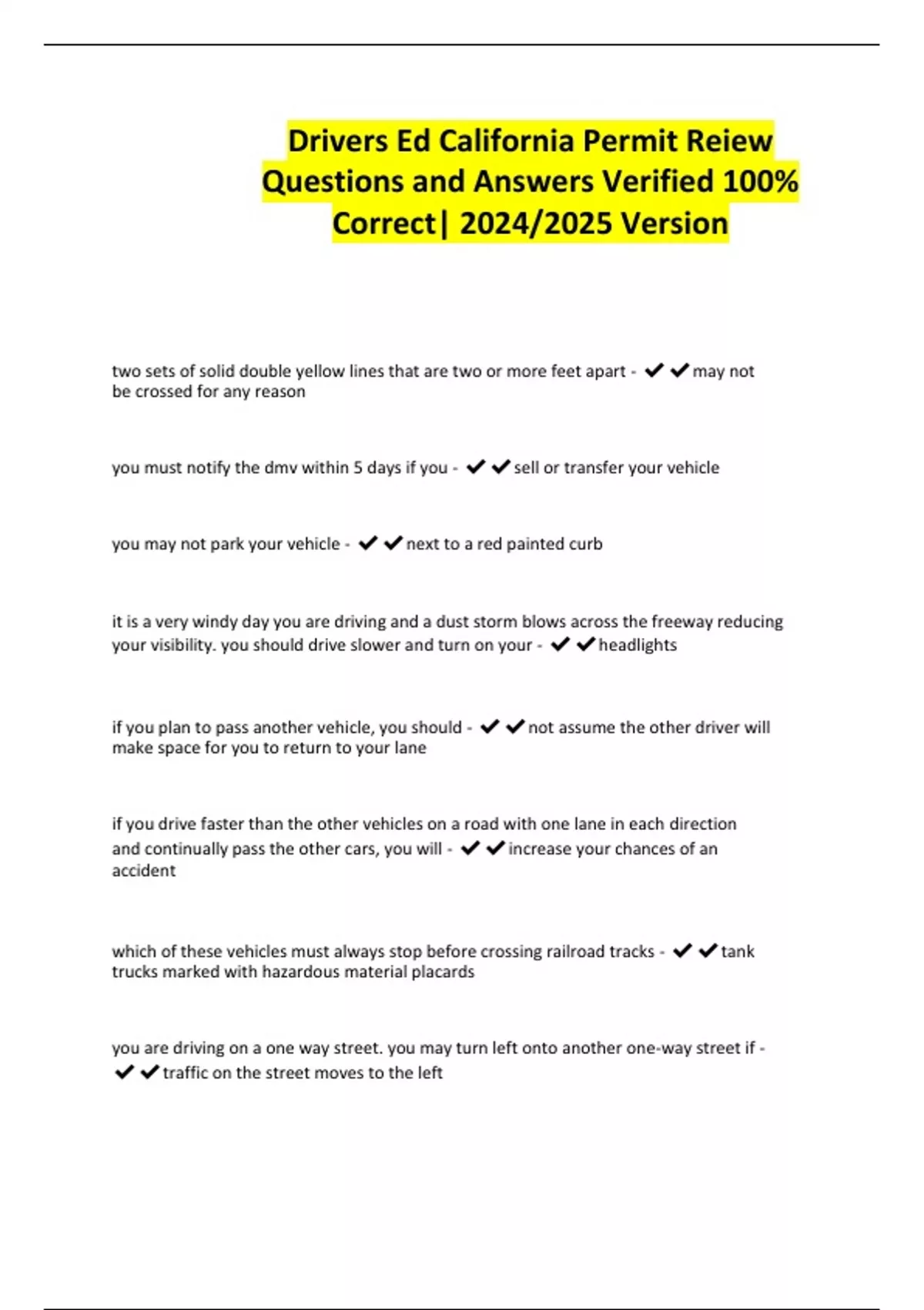 Drivers Ed California Permit Reiew Questions and Answers Verified 100% ...