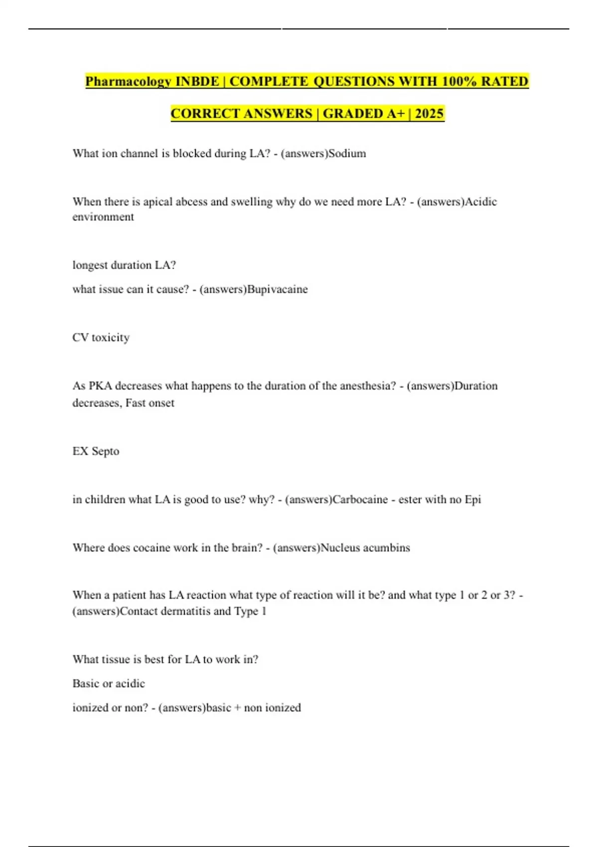 Pharmacology INBDE | COMPLETE QUESTIONS WITH 100% RATED CORRECT ANSWERS ...