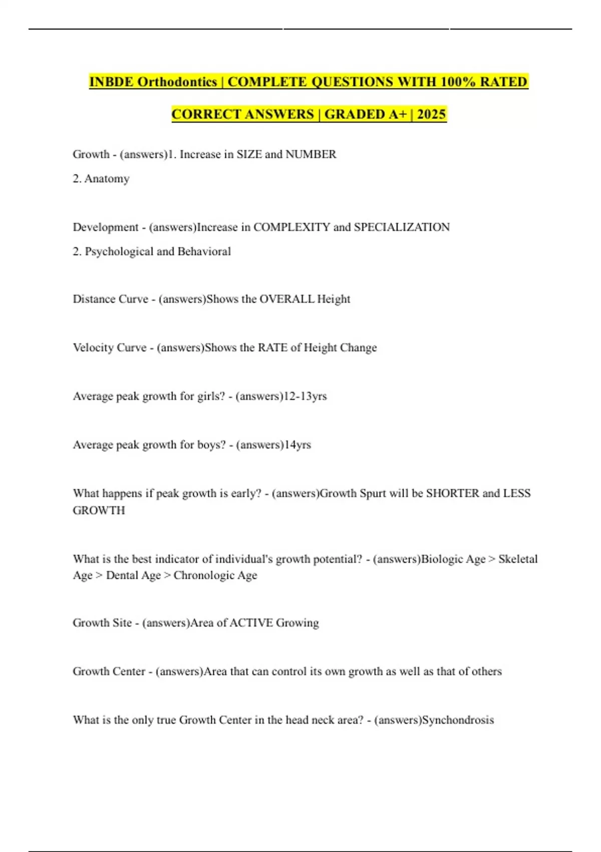 INBDE Orthodontics | COMPLETE QUESTIONS WITH 100% RATED CORRECT ANSWERS ...