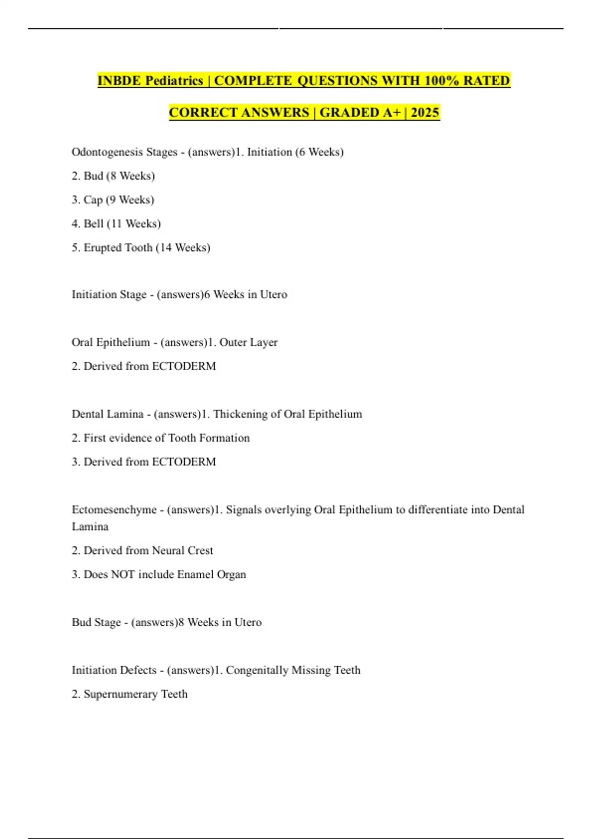 INBDE Pediatrics | COMPLETE QUESTIONS WITH 100% RATED CORRECT ANSWERS ...