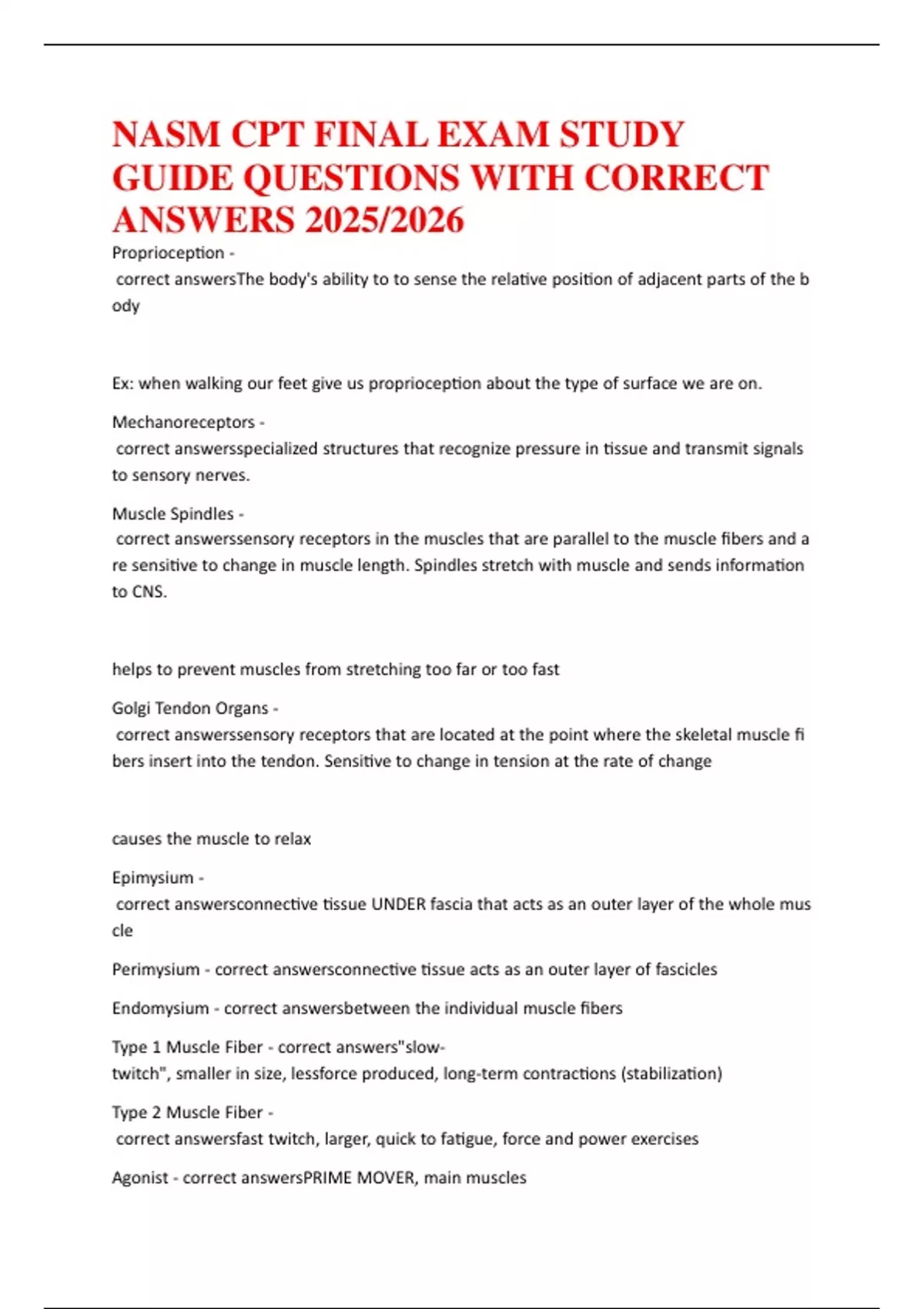 NASM CPT FINAL EXAM STUDY GUIDE QUESTIONS WITH CORRECT ANSWERS 2025 - NASM CPT 7 - Stuvia US