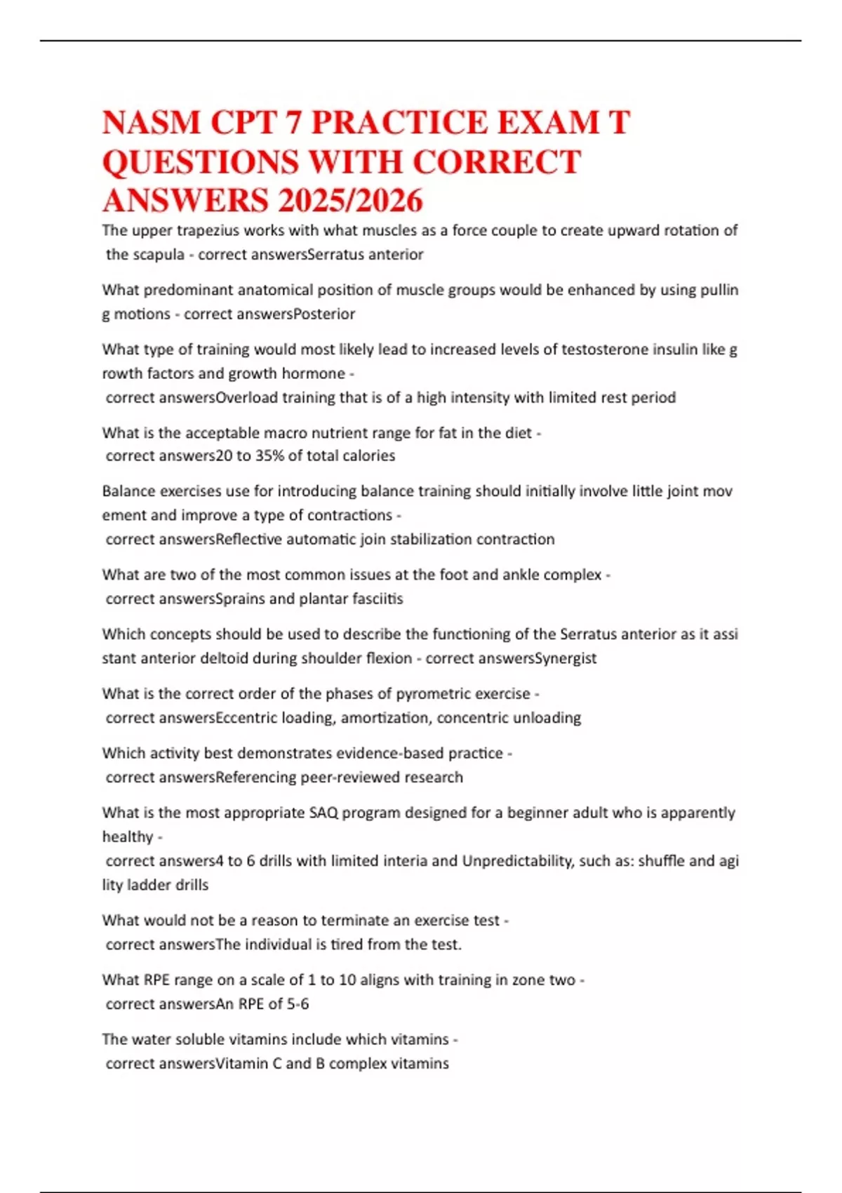 NASM CPT 7 PRACTICE EXAM T QUESTIONS WITH CORRECT ANSWERS 2025 - NASM CPT 7 - Stuvia US