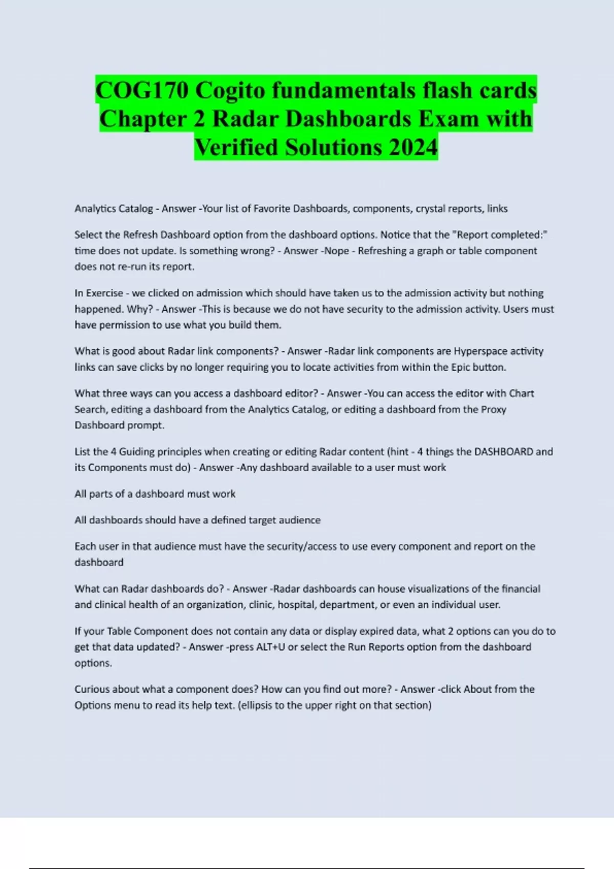 COG170 Cogito fundamentals flash cards Chapter 2 Radar Dashboards Exam ...