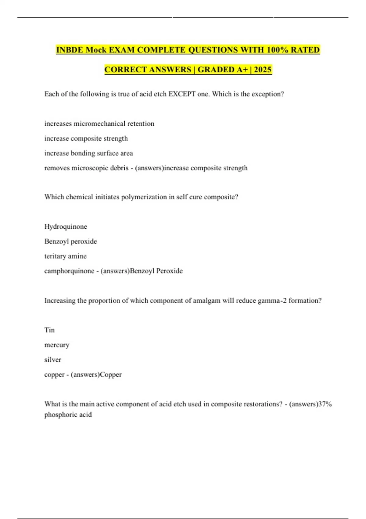 INBDE Mock EXAM COMPLETE QUESTIONS WITH 100% RATED CORRECT ANSWERS ...