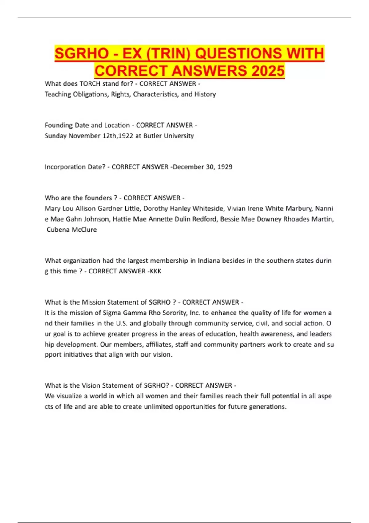 SGRHO - EX (TRIN) QUESTIONS WITH CORRECT ANSWERS 2025 - SgRho - Stuvia US