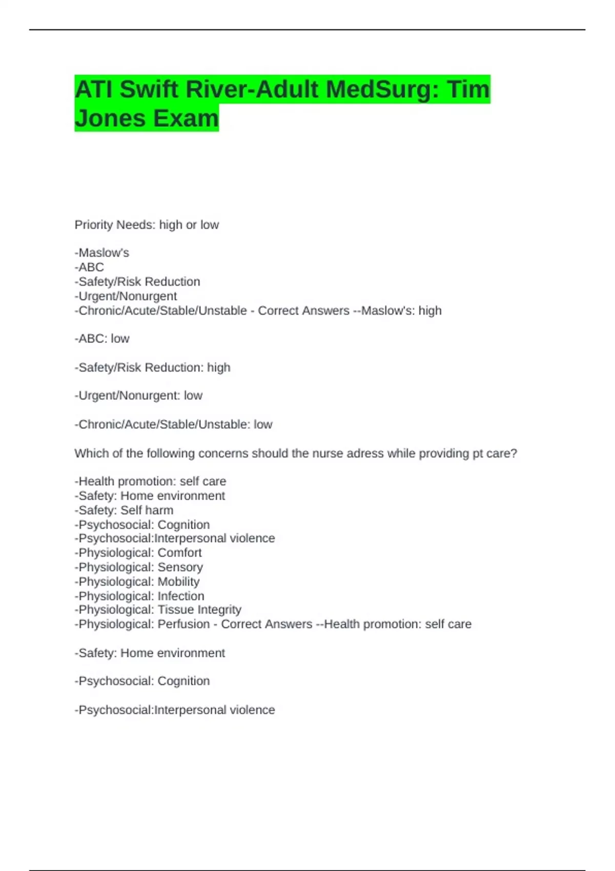 ATI Swift River-Adult MedSurg Tim Jones Exam with 100% Accurate ...