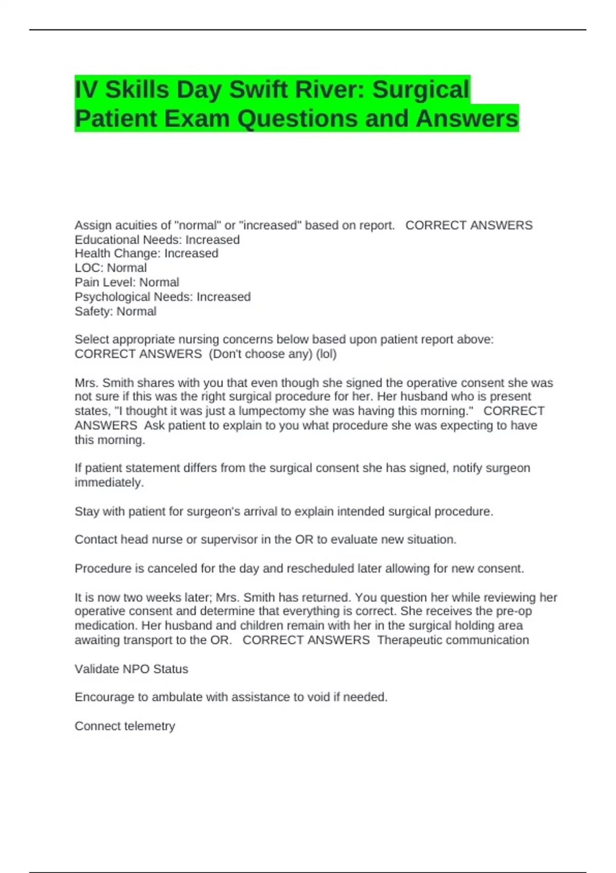 IV Skills Day Swift River Surgical Patient Exam Questions and Answers - Swift river - Stuvia US