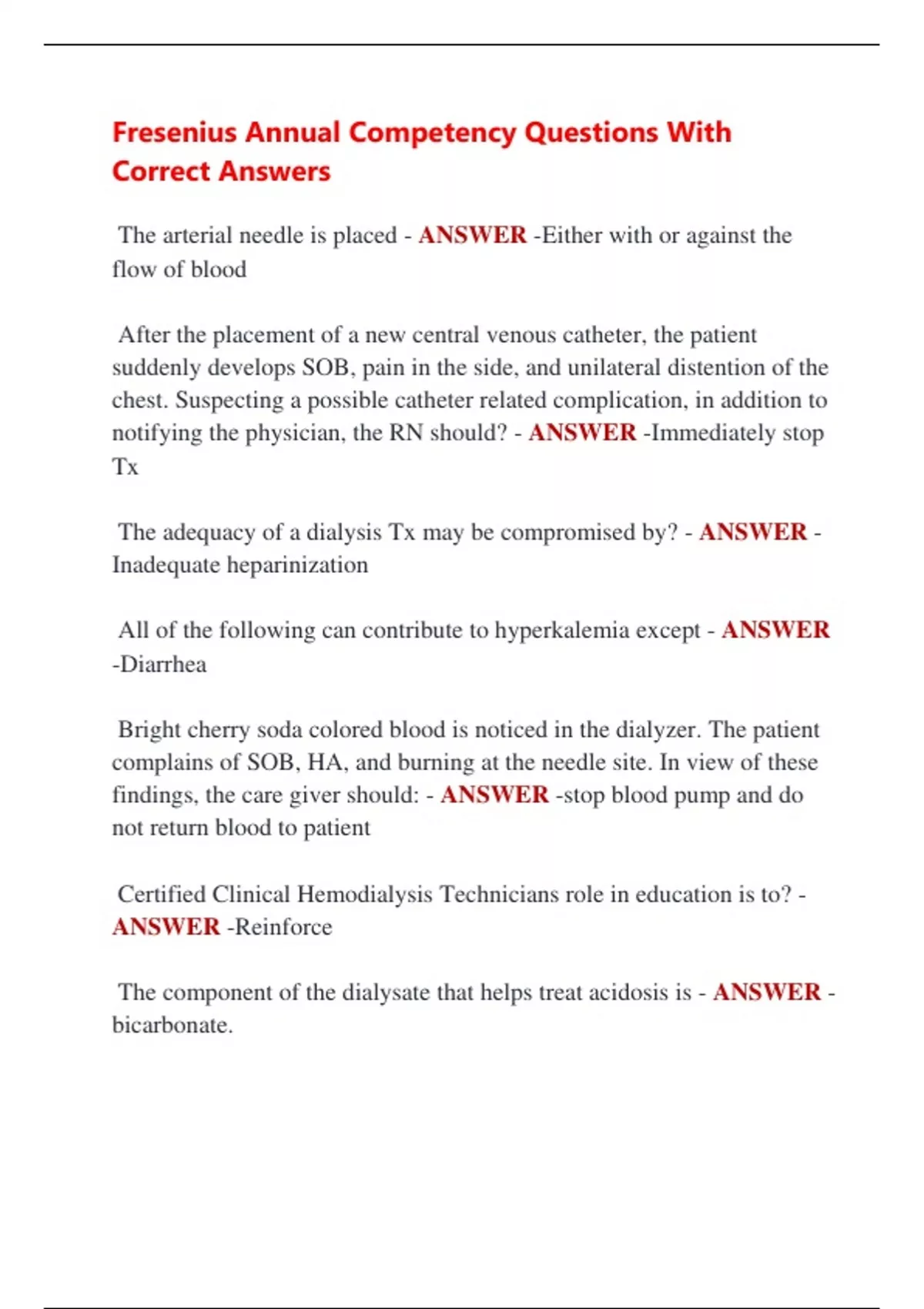 Fresenius Annual Competency Questions With Correct Answers - Fresenius ...