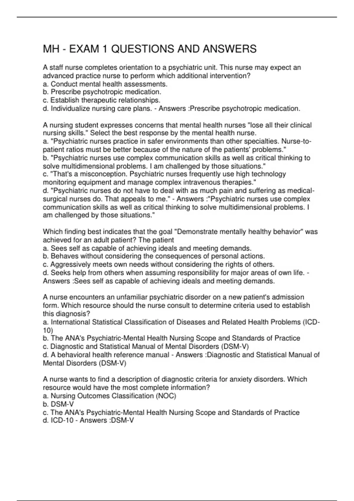 MH - EXAM 1 QUESTIONS AND ANSWERS - MH . - Stuvia US