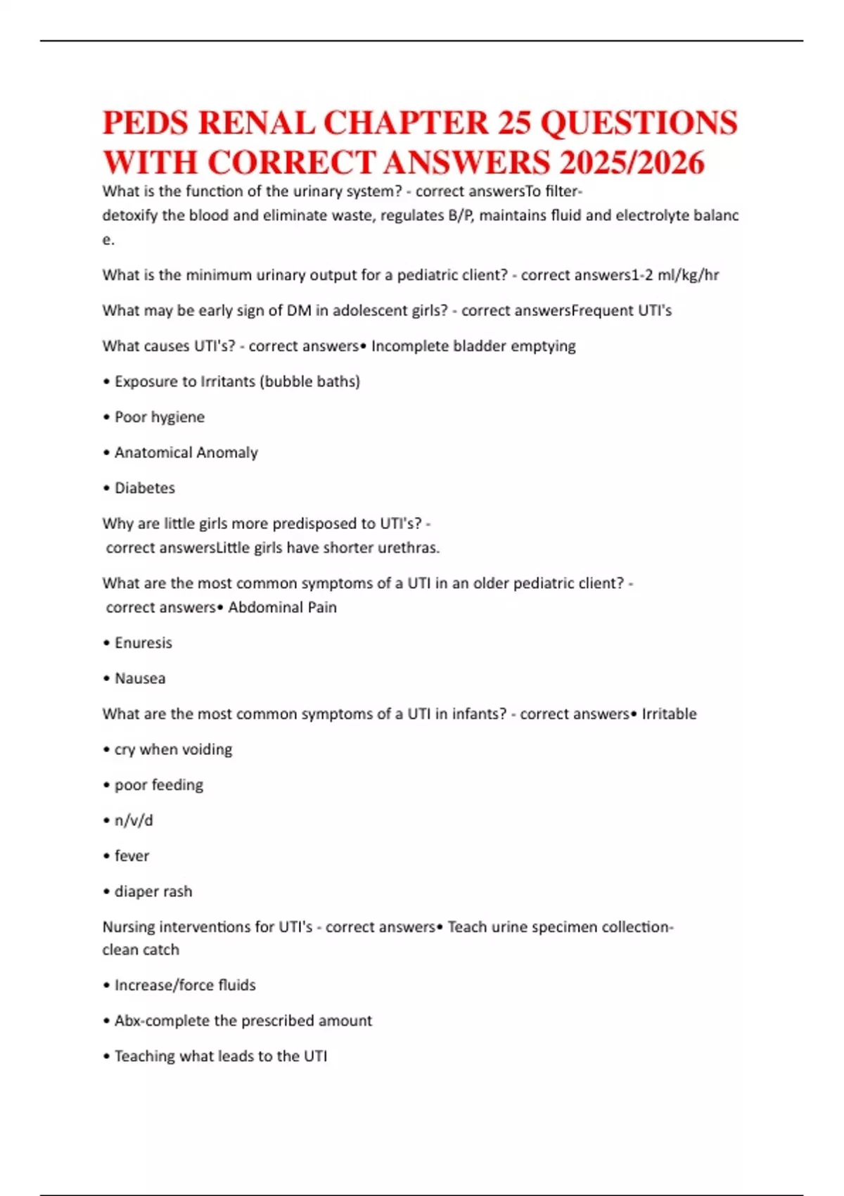 PEDS RENAL CHAPTER 25 QUESTIONS WITH CORRECT ANSWERS 2025. - PEDS ...