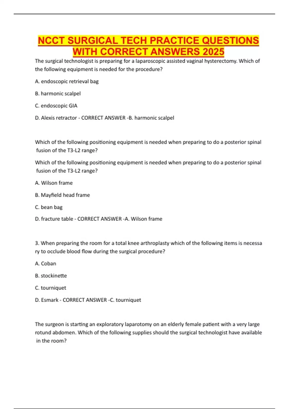 NCCT SURGICAL TECH PRACTICE QUESTIONS WITH CORRECT ANSWERS 2025 - NCCT ...