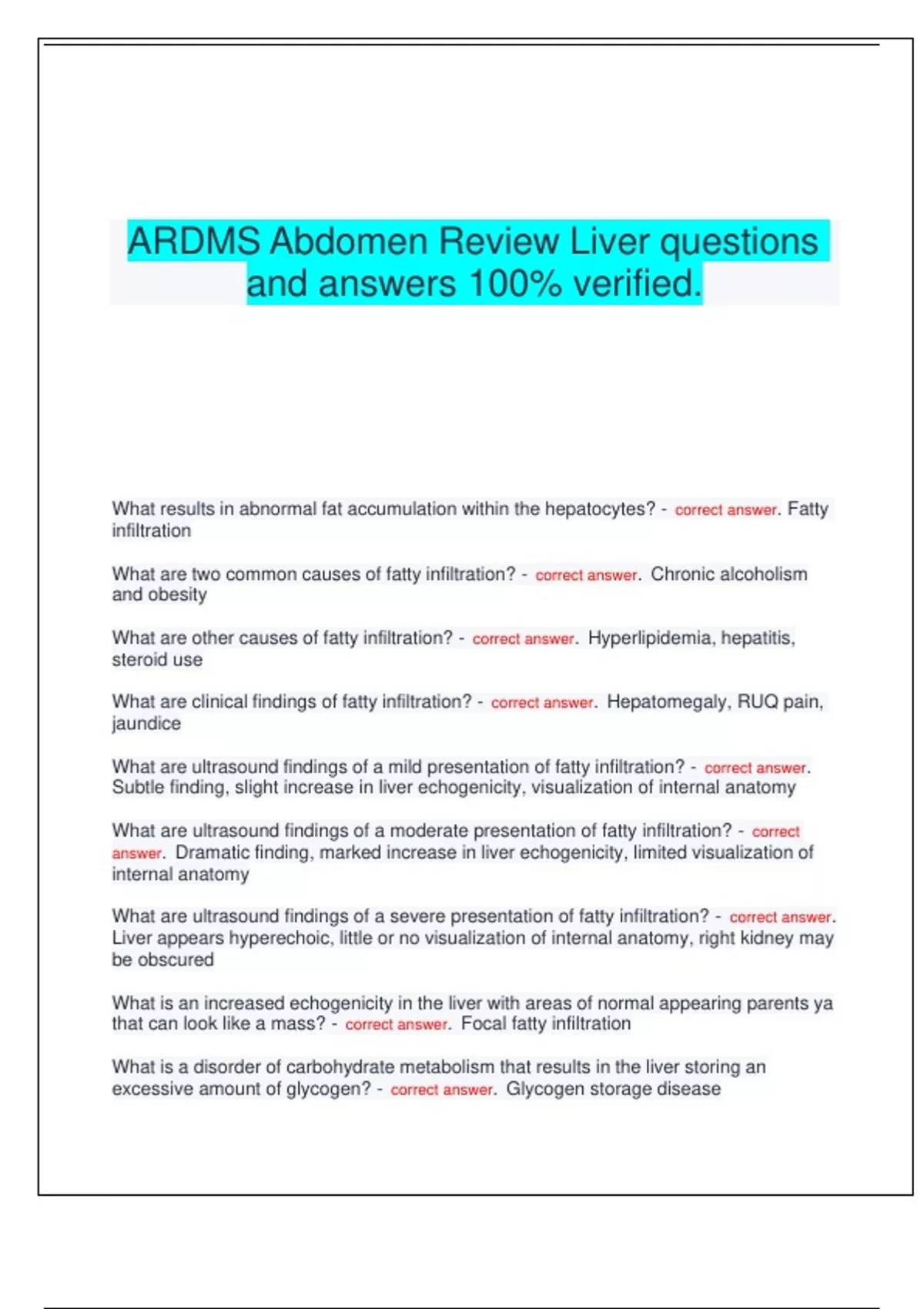 ARDMS Abdomen Review Liver questions and answers 100% verified. - Ardms ...