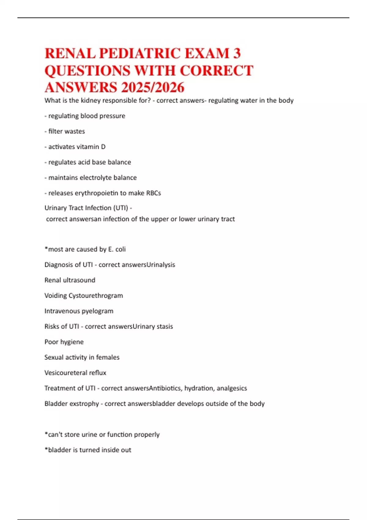 RENAL PEDIATRIC EXAM 3 QUESTIONS WITH CORRECT ANSWERS 2025 - PEDS ...